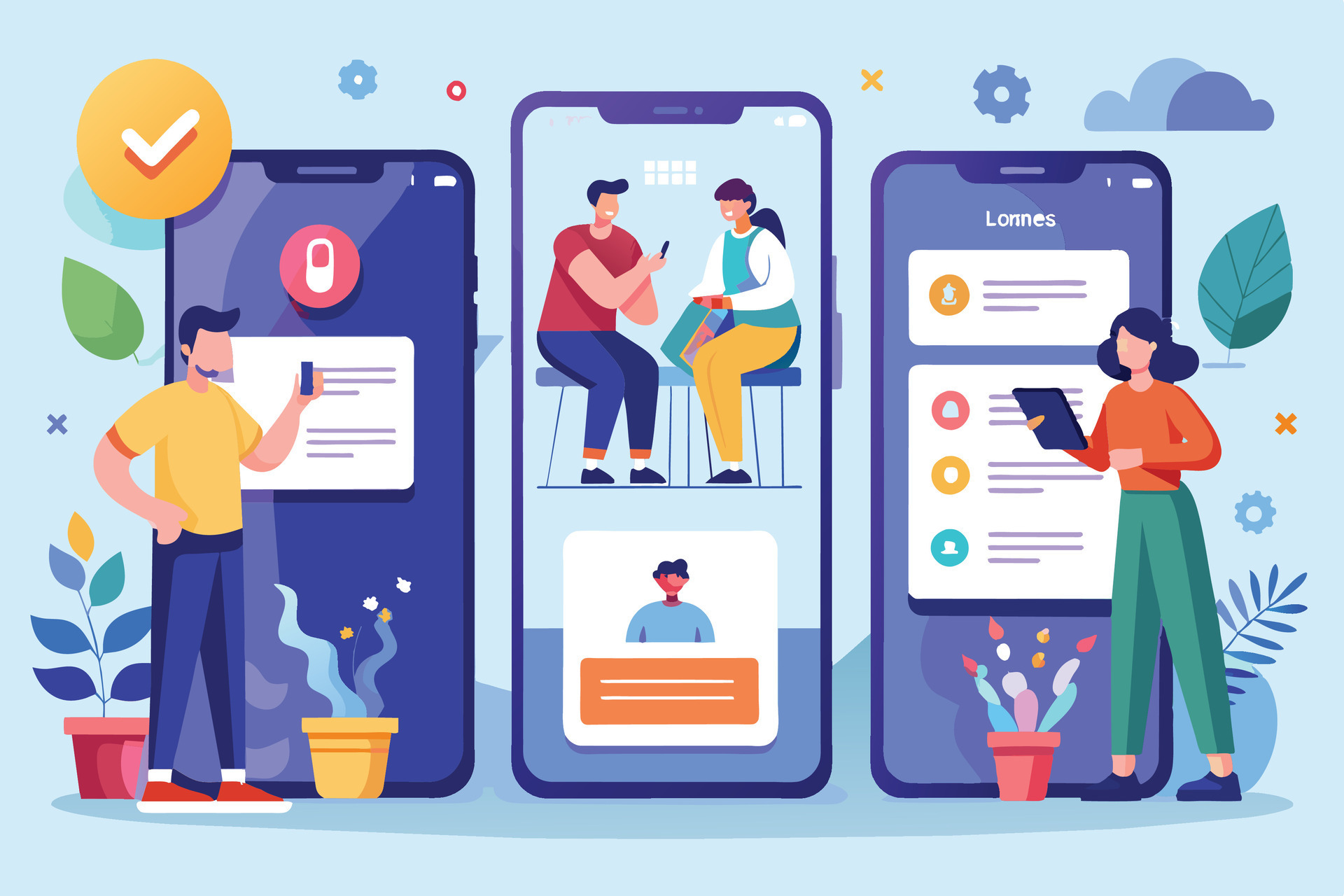 An illustration showcasing three different mobile app screens with ...