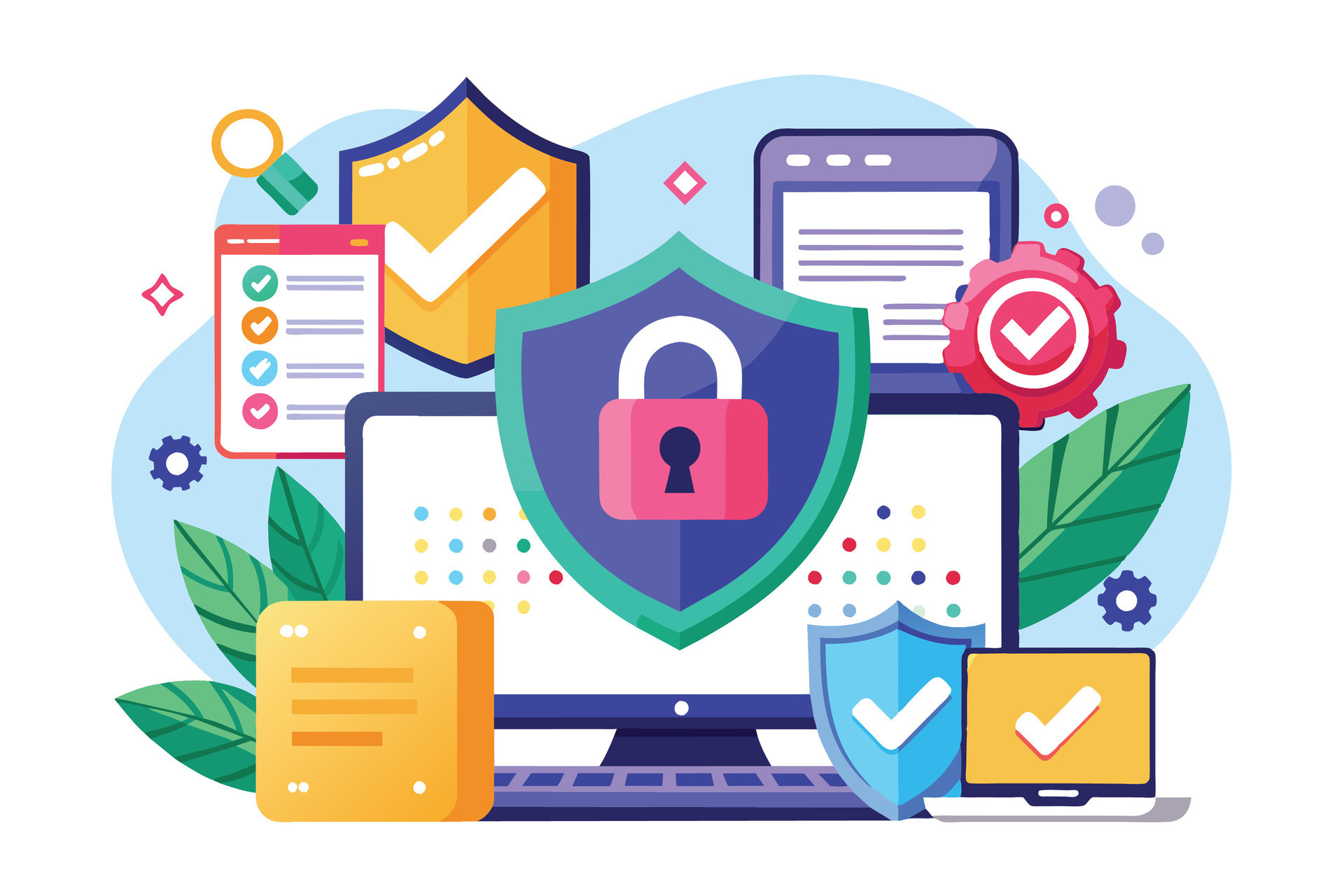 A colorful illustration depicting secure digital information with a padlock and checkmarks on a ...