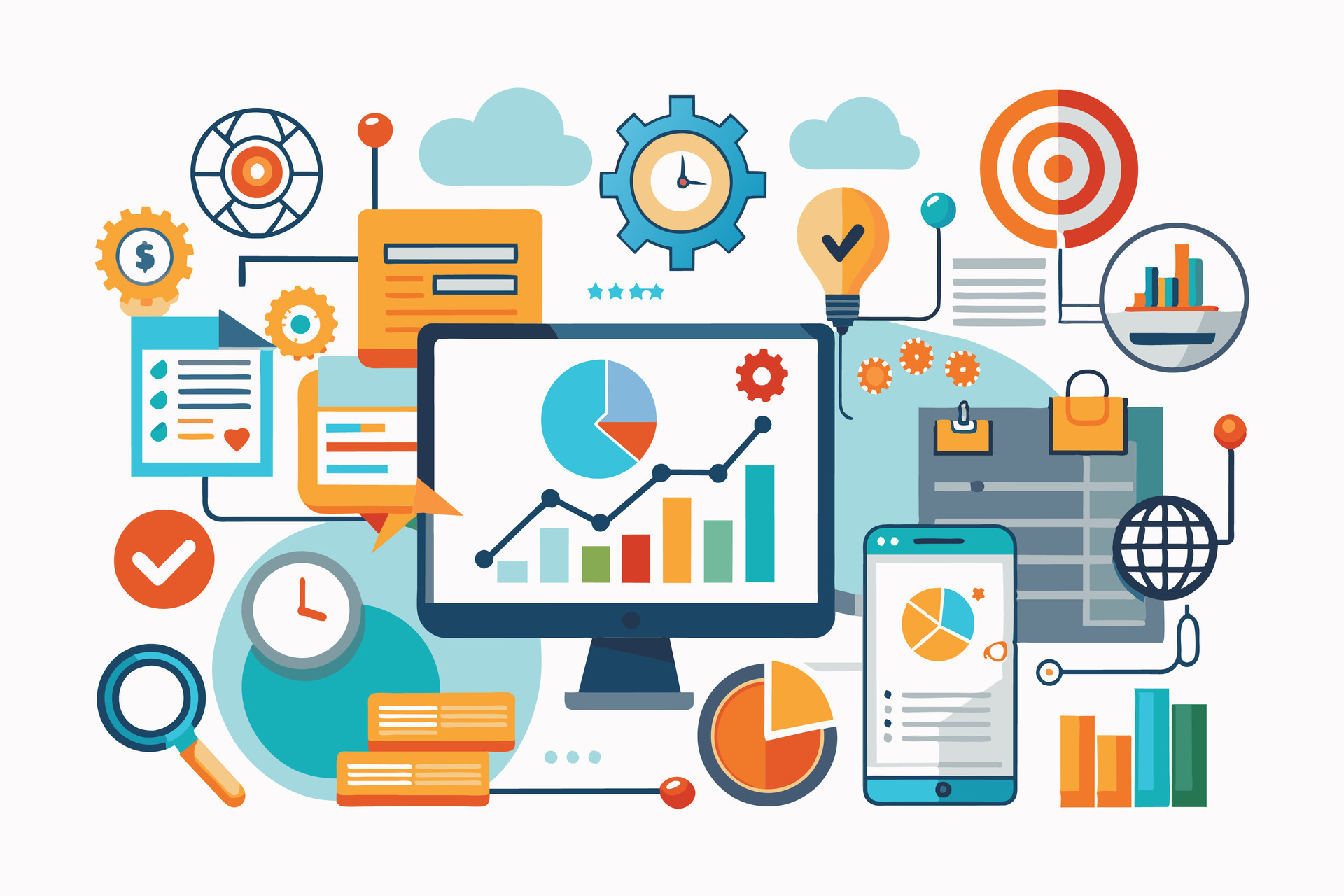 An illustration shows a digital marketing analytics dashboard with ...
