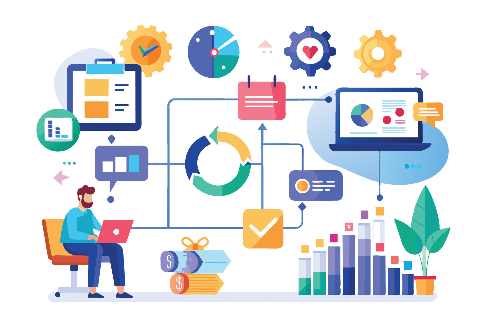 A man sits at a desk, analyzing data and business metrics displayed on ...