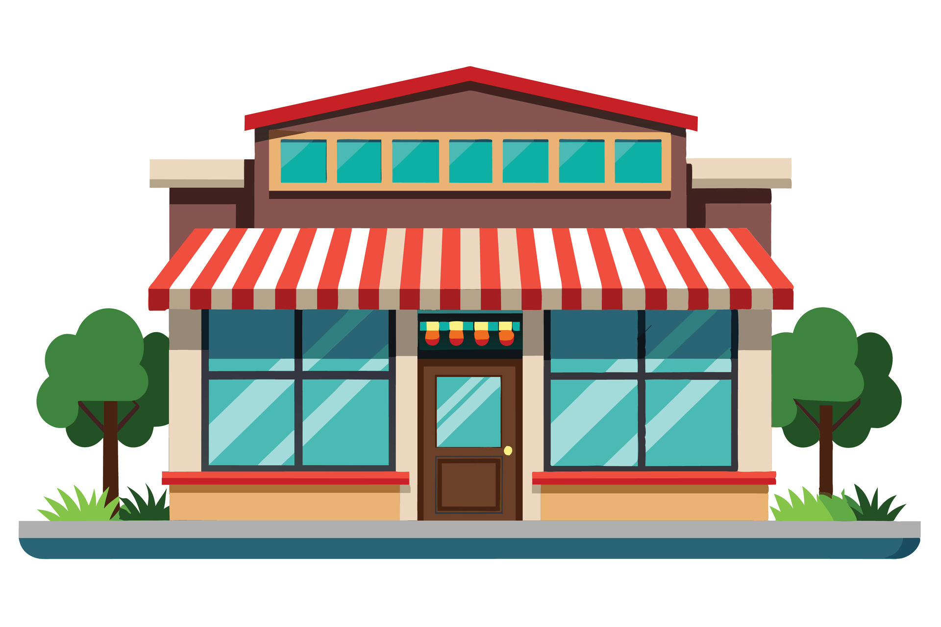 Illustration of a small store facade with a red and white striped awning, two large windows on ...
