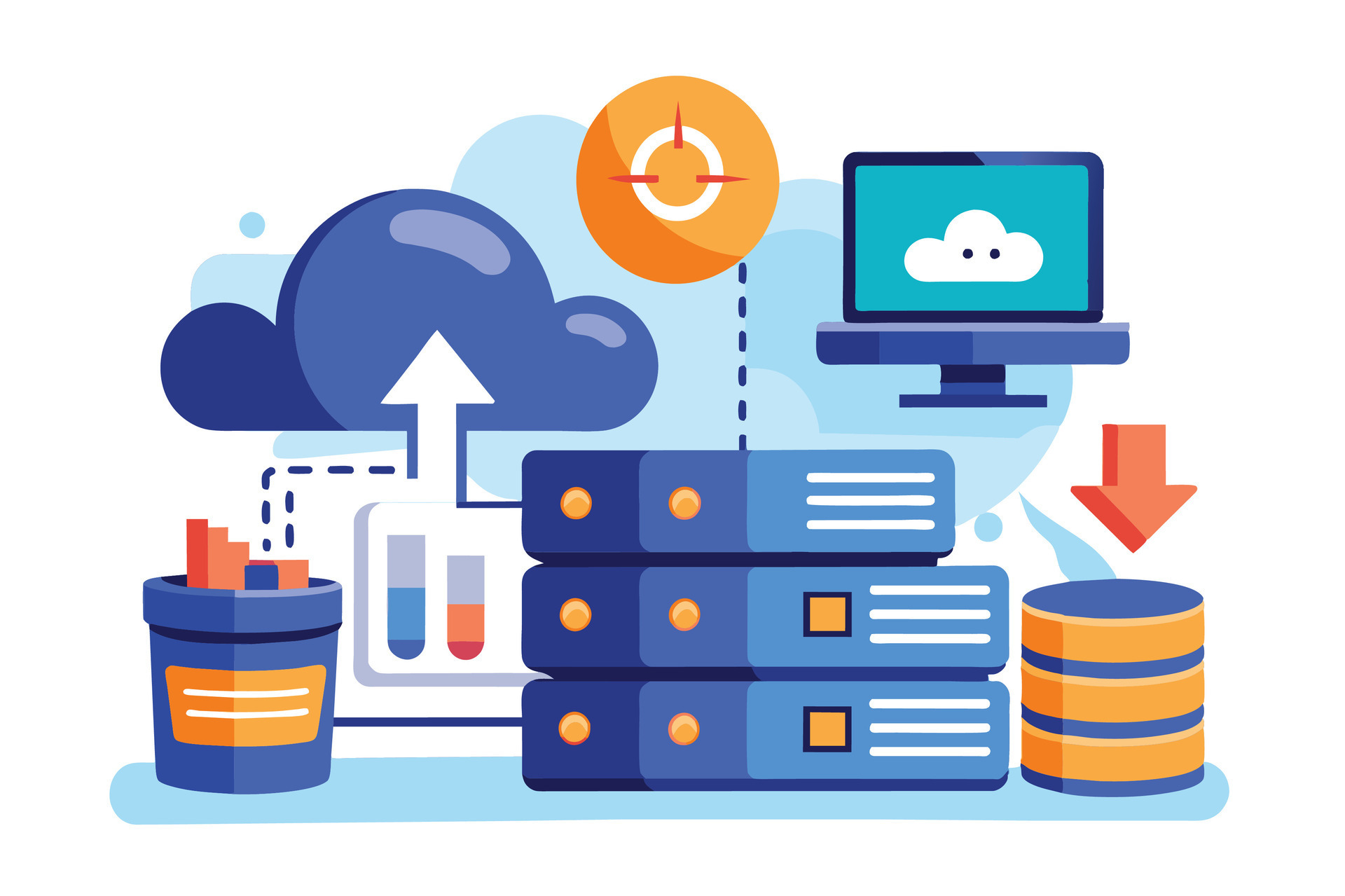 Illustrating cloud data storage and server management, data is uploaded ...