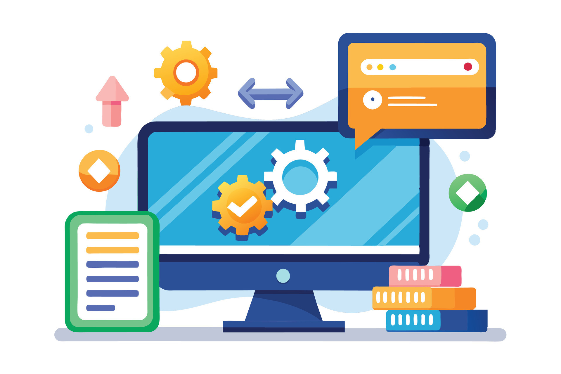 A computer monitor with blue screen displaying multiple gears with a ...