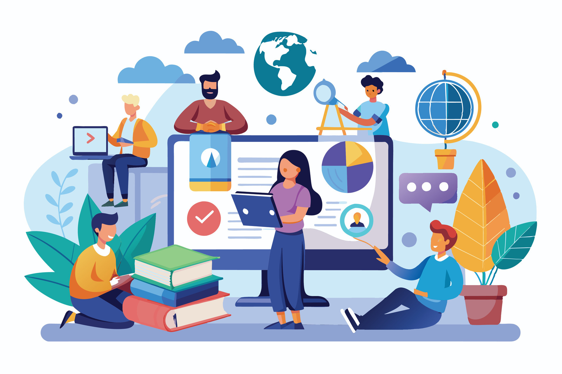 Various students engaged in online learning activities, using laptops, textbooks, and a computer ...