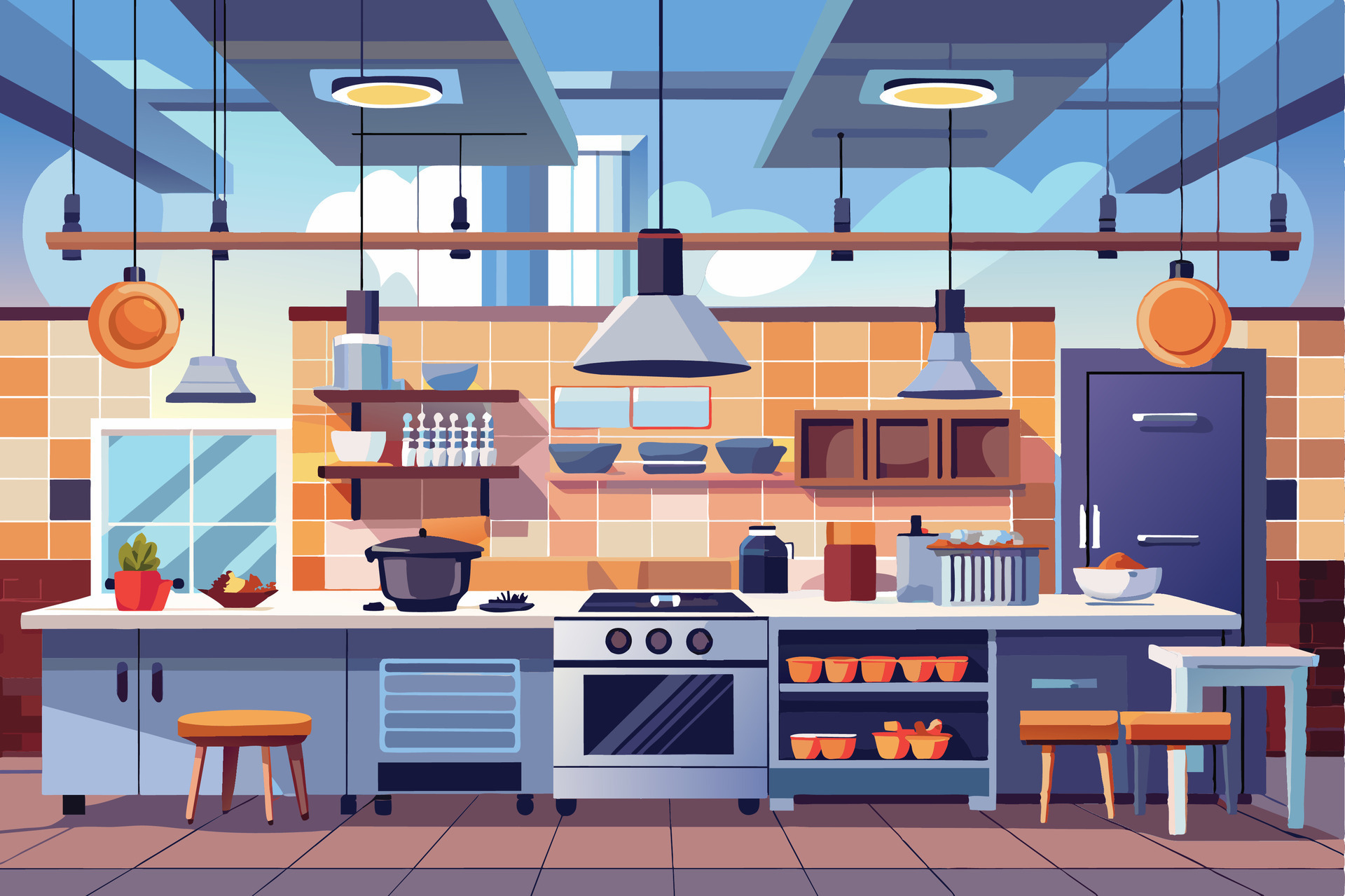 A cartoon illustration of a modern restaurant kitchen with stainless steel appliances, hanging ...
