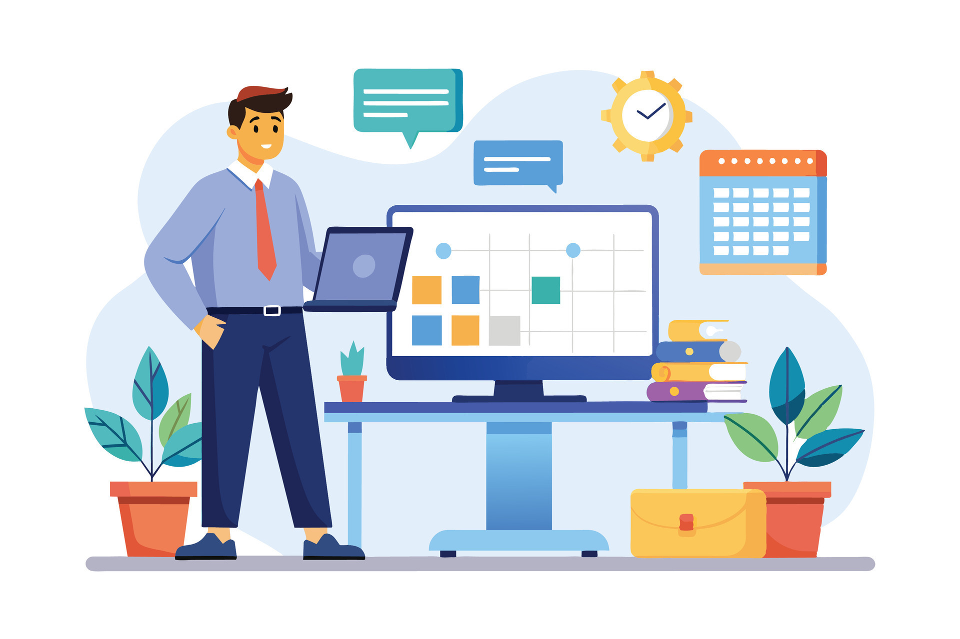 A man stands in front of his desk, holding a laptop. The computer ...