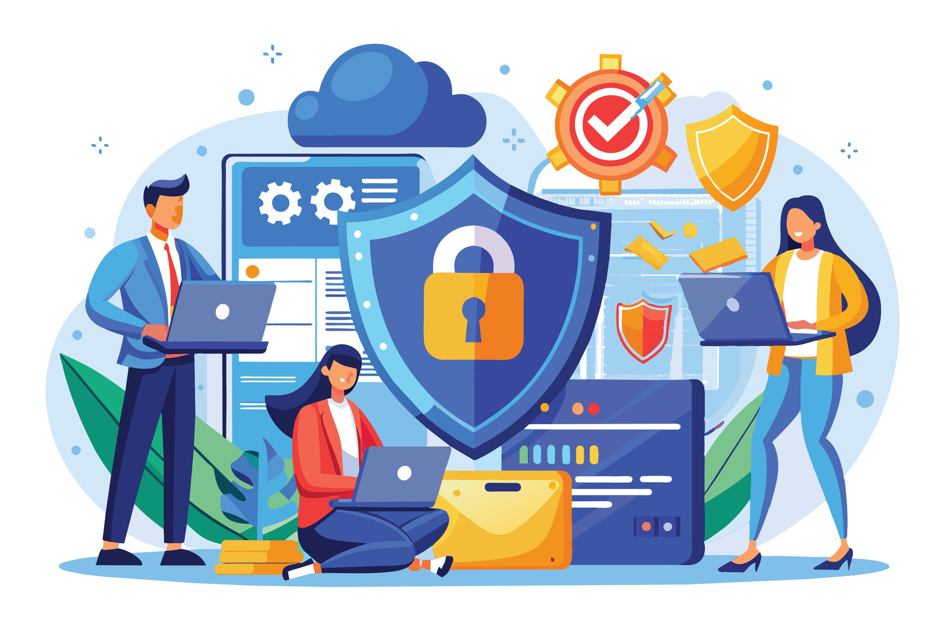 Business professionals utilize secure cloud technology to protect sensitive data, ensuring ...