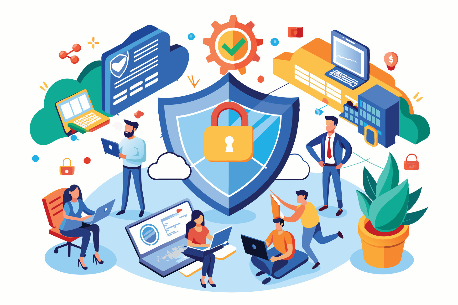 A Digital Illustration Depicting A Secure Cloud Computing System With Users Working Together On