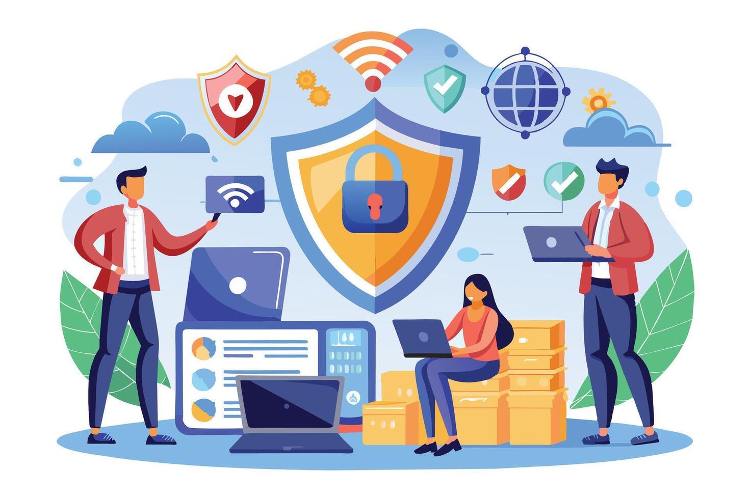 Illustration Depicting Three People Working On Laptops With A Large