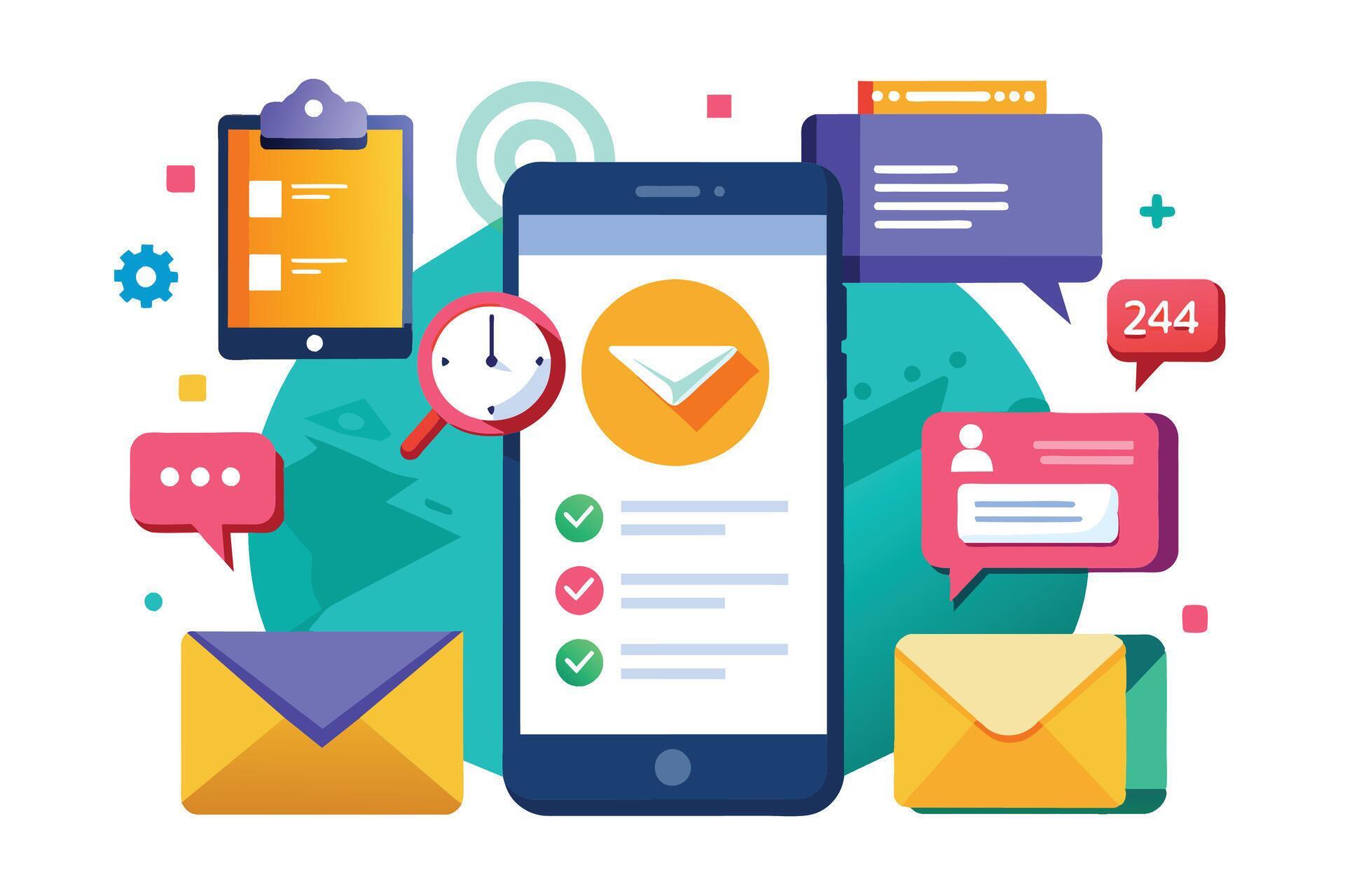 A colorful illustration depicting a mobile phone with an email notification, a checklist, and ...