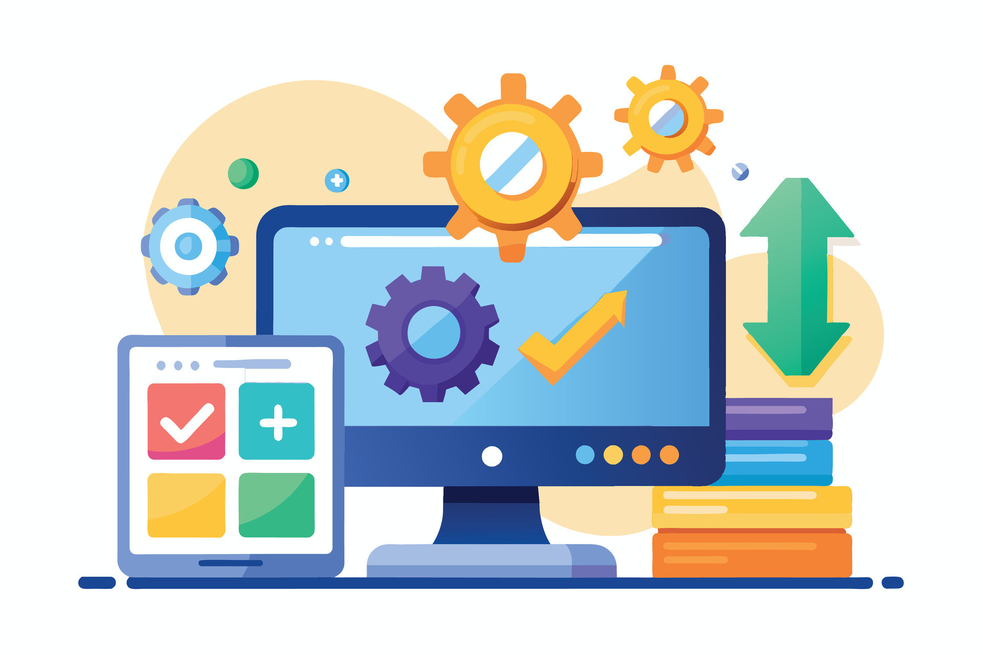 A desktop computer and a mobile device with gear icons and a checkmark ...