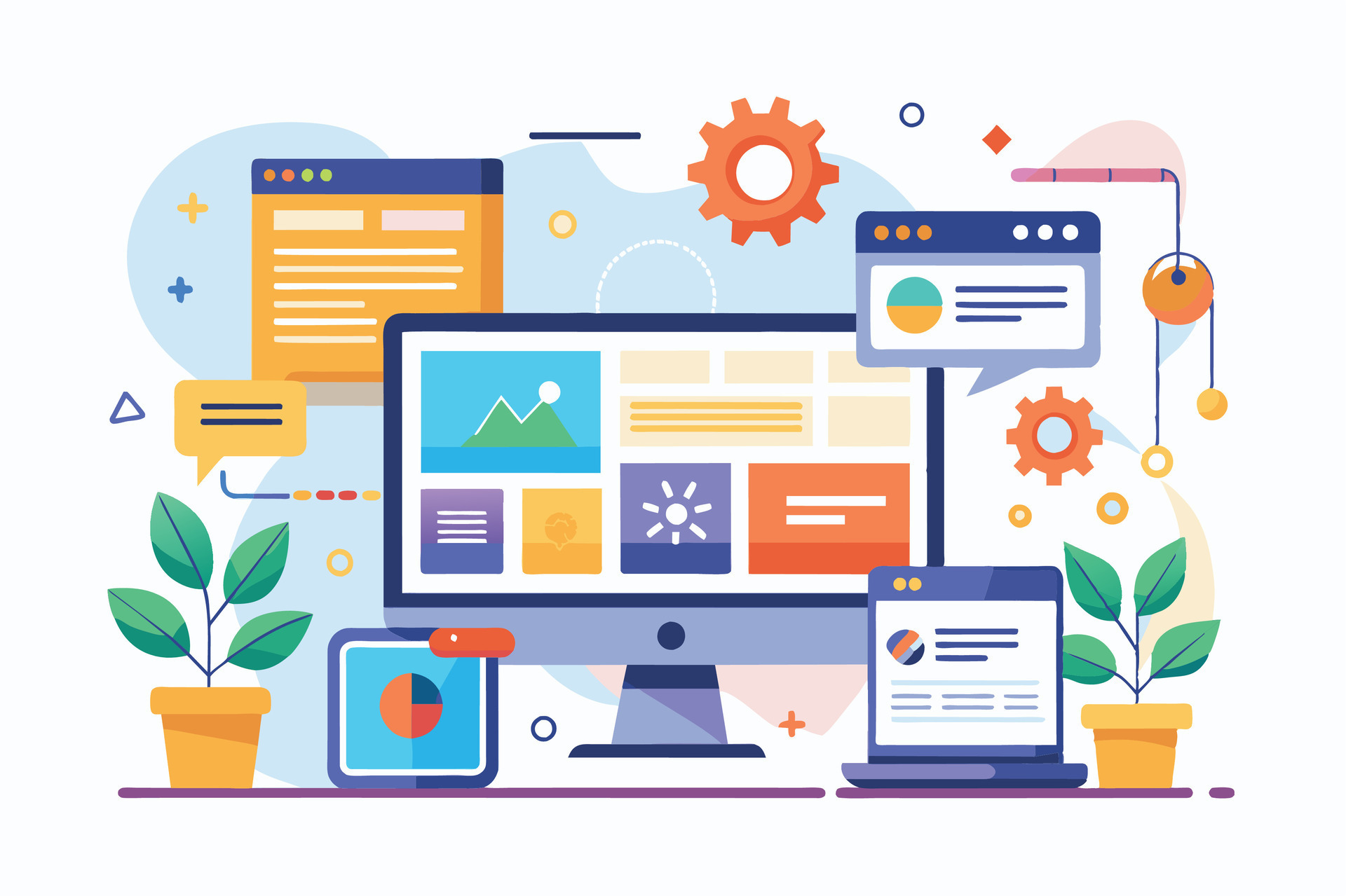 An illustration of a desktop computer displaying a colorful website ...