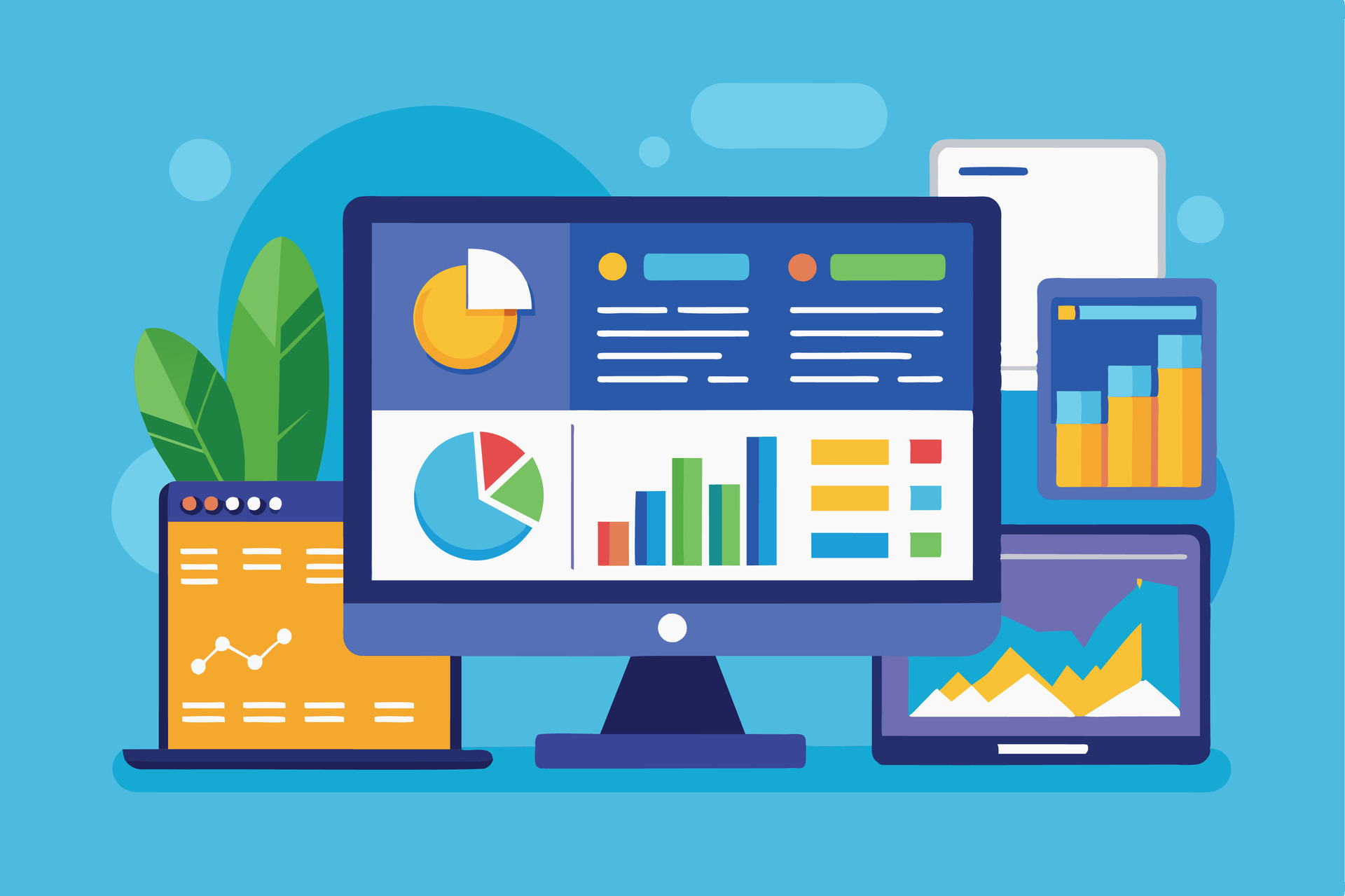 Illustration of various devices displaying analytics data, including pie charts, bar graphs, and ...