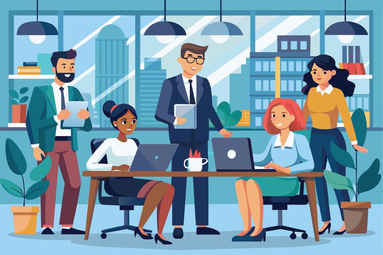 A diverse team of business professionals works together in a modern office setting. They are ...