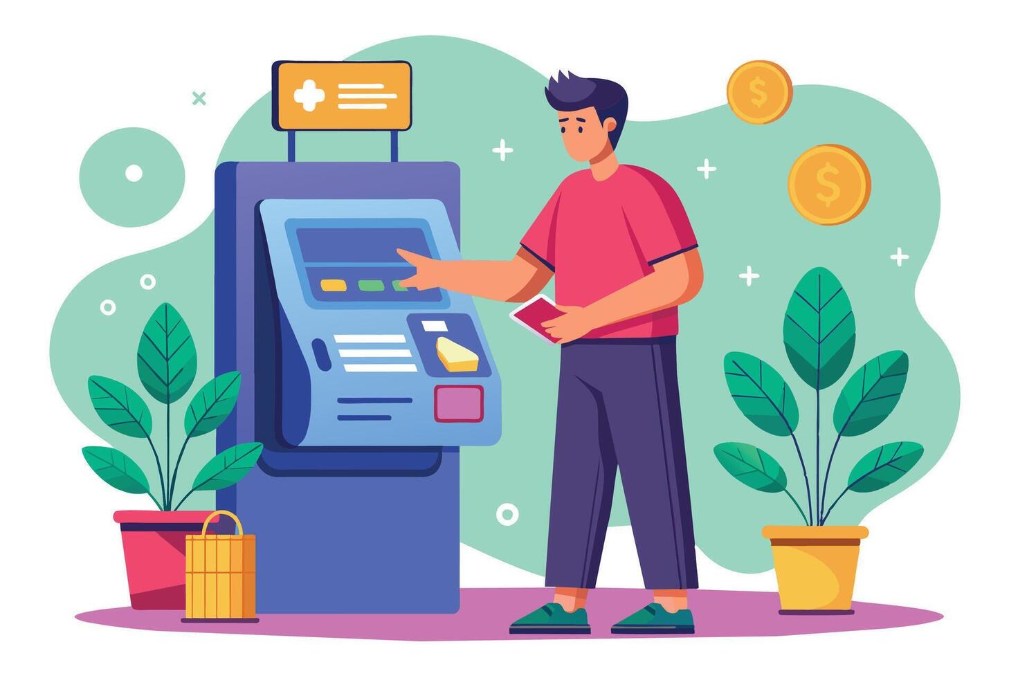 A man is shown interacting with an automated kiosk, likely to make a ...