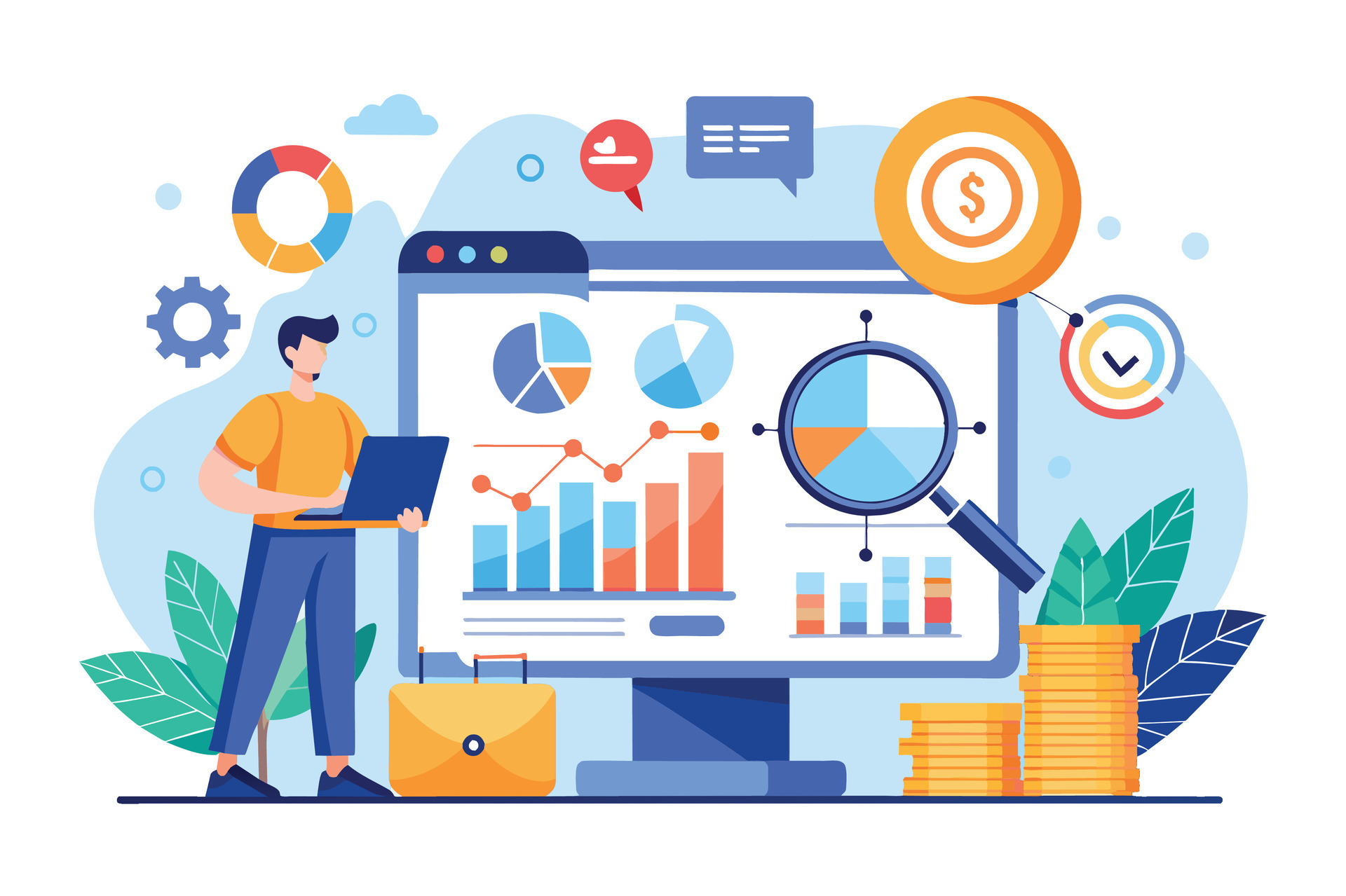 Illustration of a businessperson using a laptop to analyze financial ...