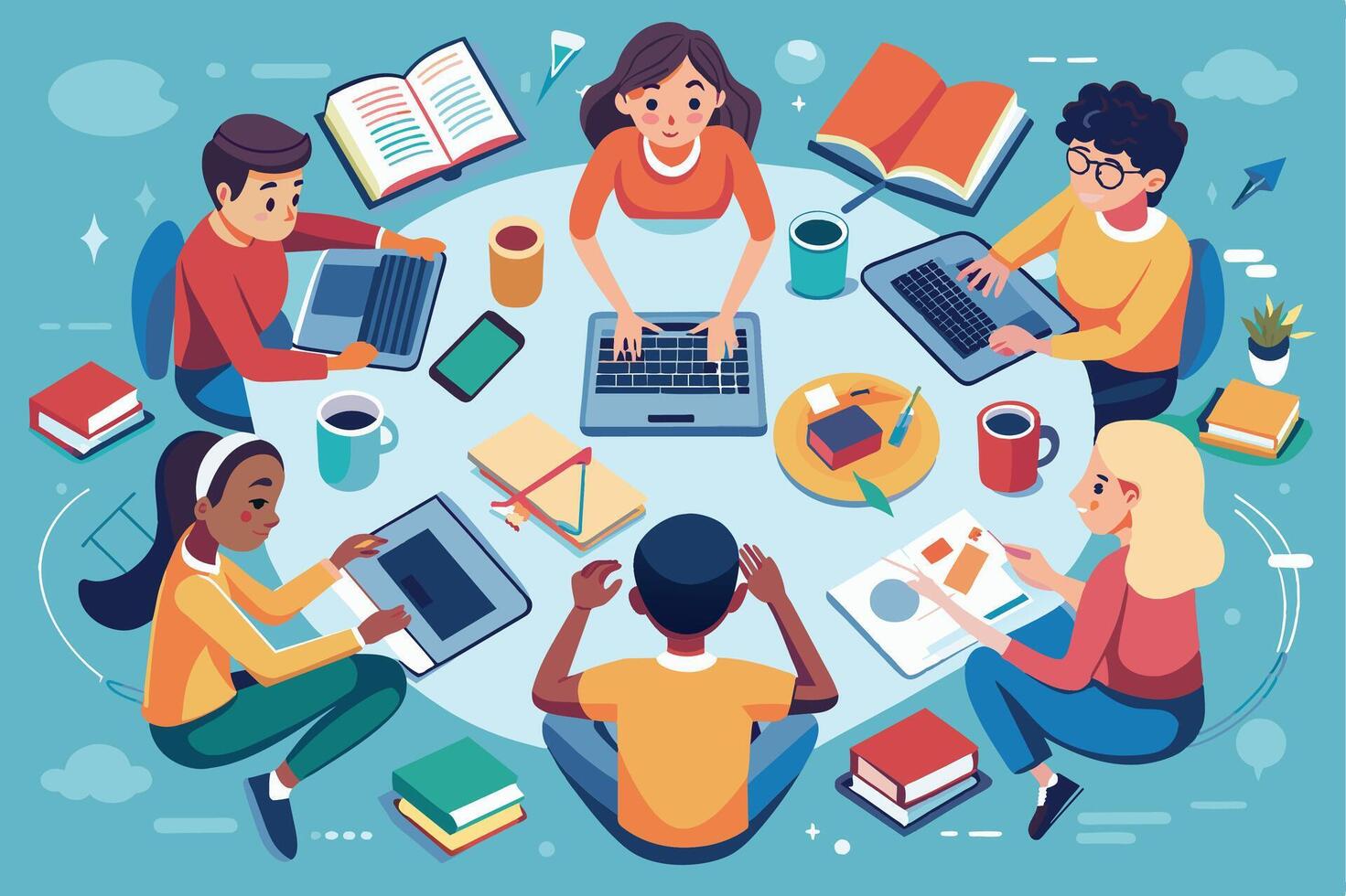 A group of diverse students, both male and female, work on laptops and books around a table ...