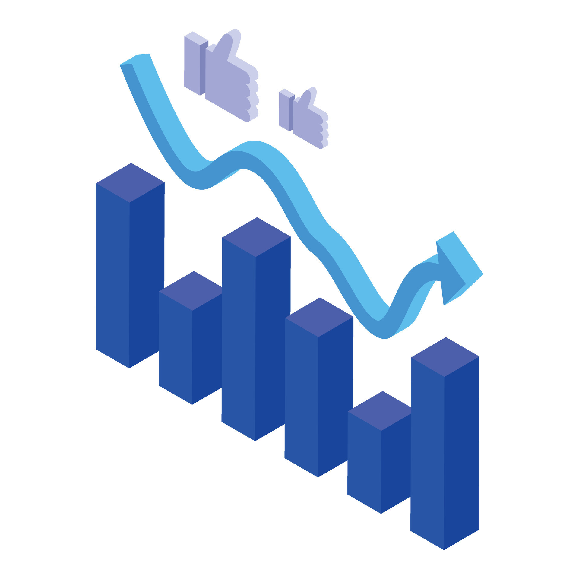 Graph showing decrease in social media marketing with thumbs up icons ...