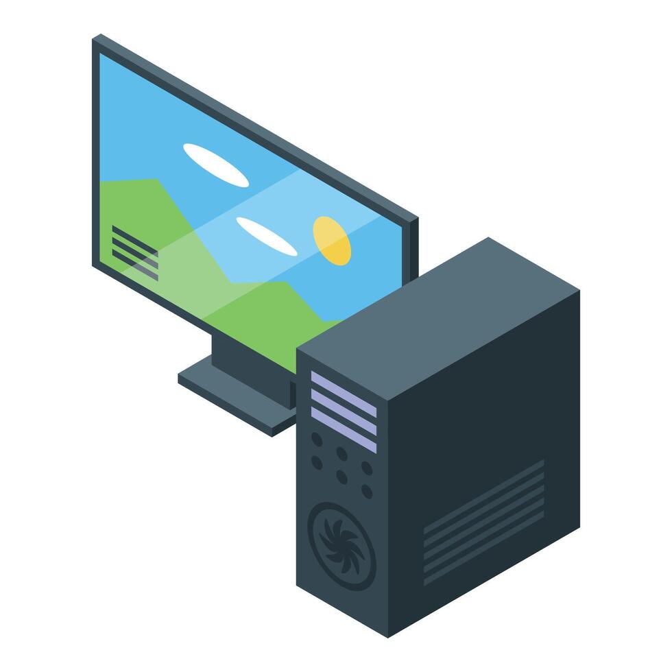 Personal computer displaying landscape image on white background ...