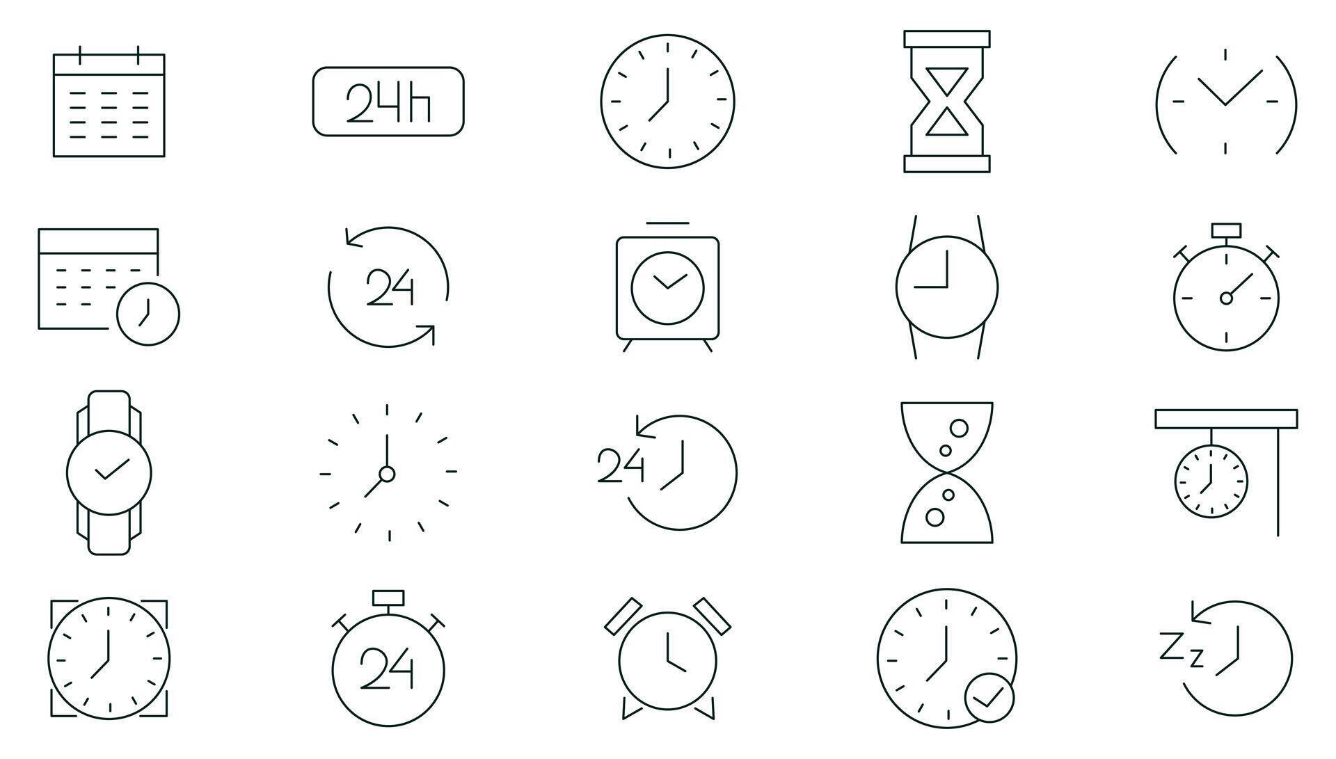 Time And Clock Line Icon Set Clock Smart Watch Fast Shipping Wall Clock Alarm Bell Person