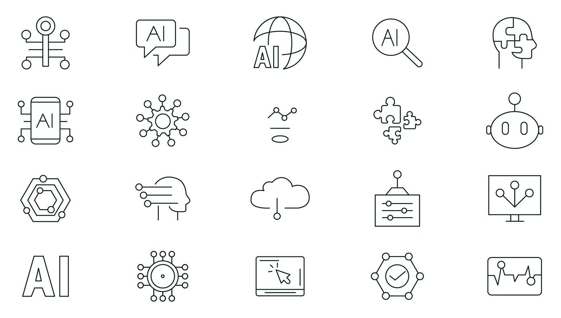 Artificial intelligence line icon collection. AI technology, Machine learning, smart robotic ...