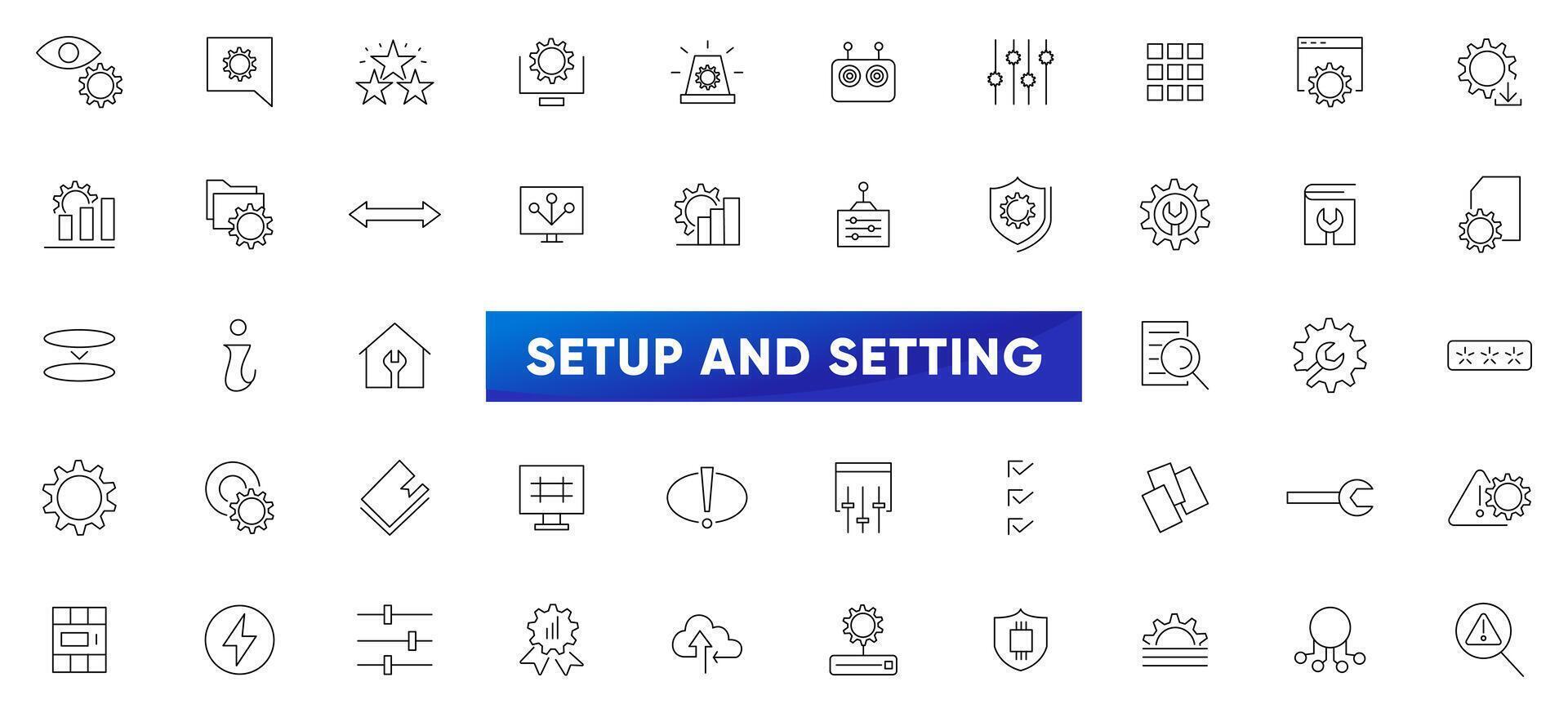 Setup and setting line icons set. Operation, gear, processing, tools ... Setup and setting line icons set. Operation, gear, processing, tools ...