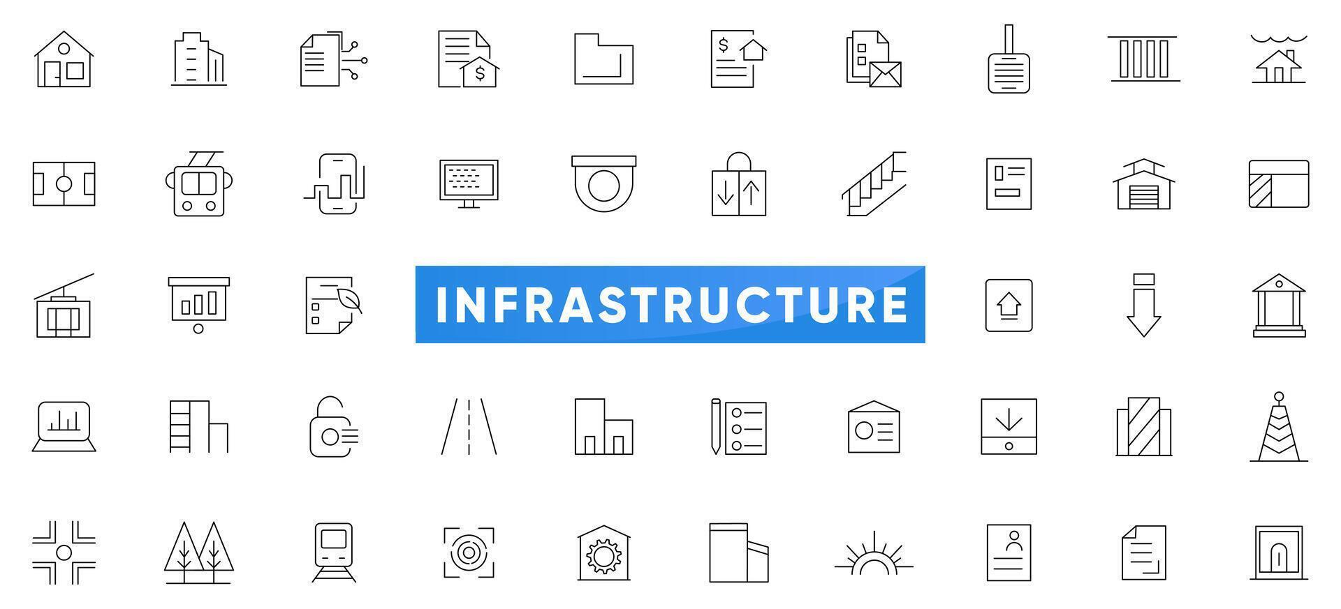 Infrastructure line web icon set. transport, road, mall, airport ...