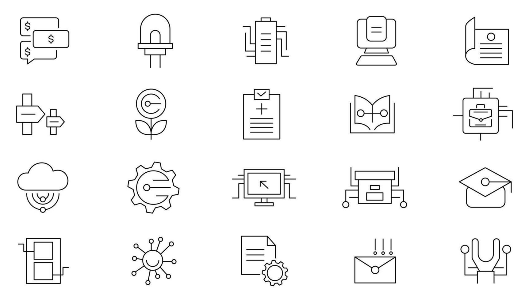 Digitalisation linear icon set. Digital technology, cloud computing ...