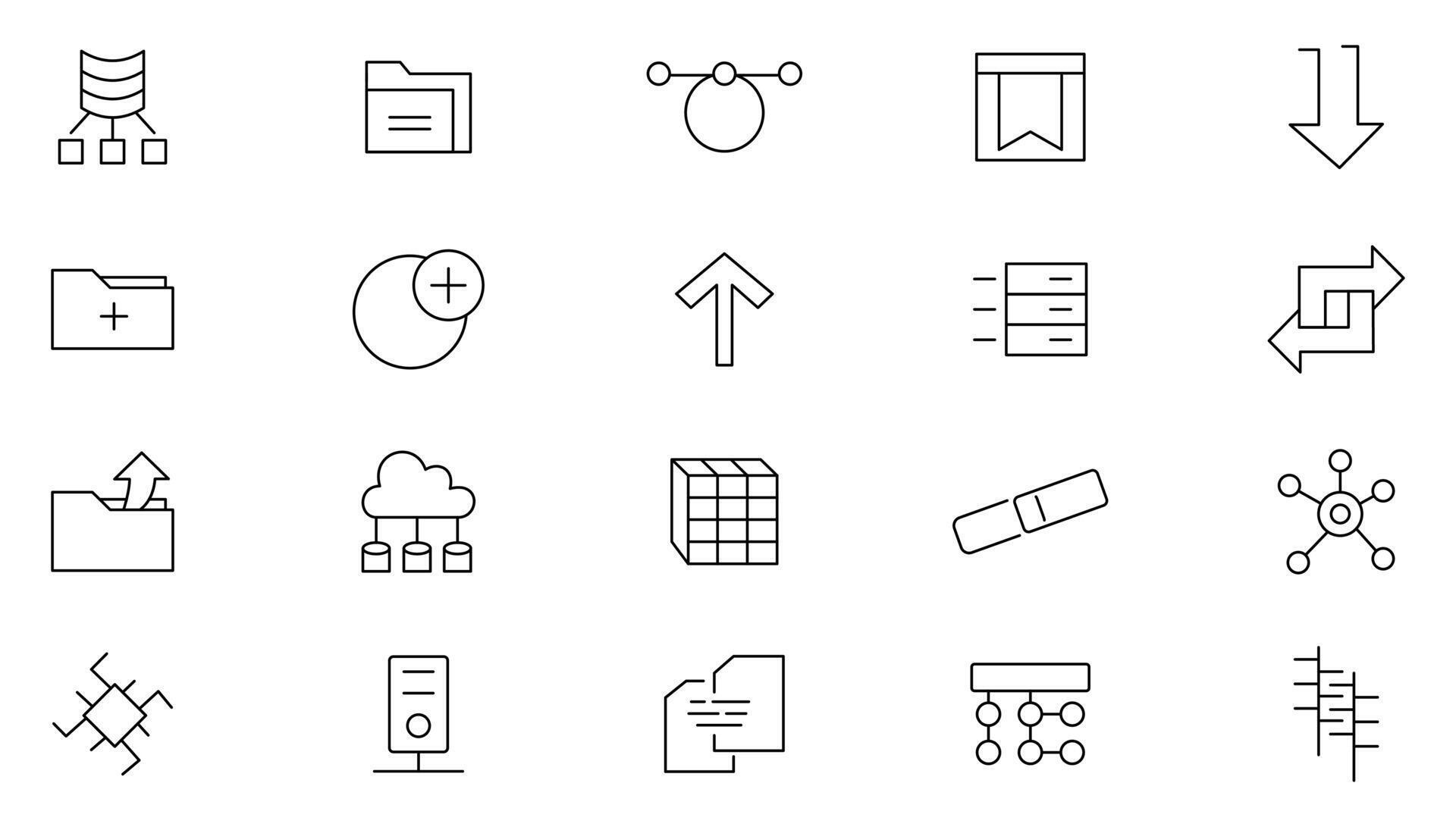 Data storage thin line icon set. Big data, data security, cloud computing and technology outline ...