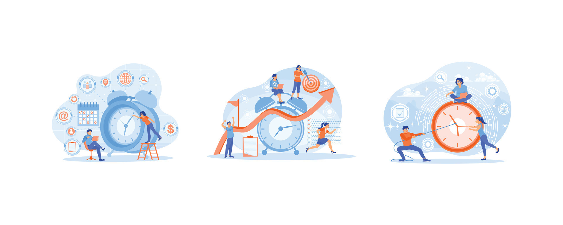 Effective teamwork efficiency. Daily routines to achieve goals. People get work done on time ...