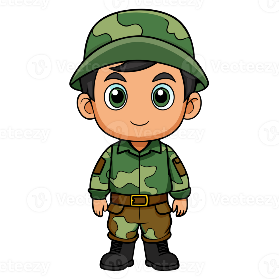 Cartoon soldier in green camouflage uniform standing upright with big eyes and wide smile on a ...