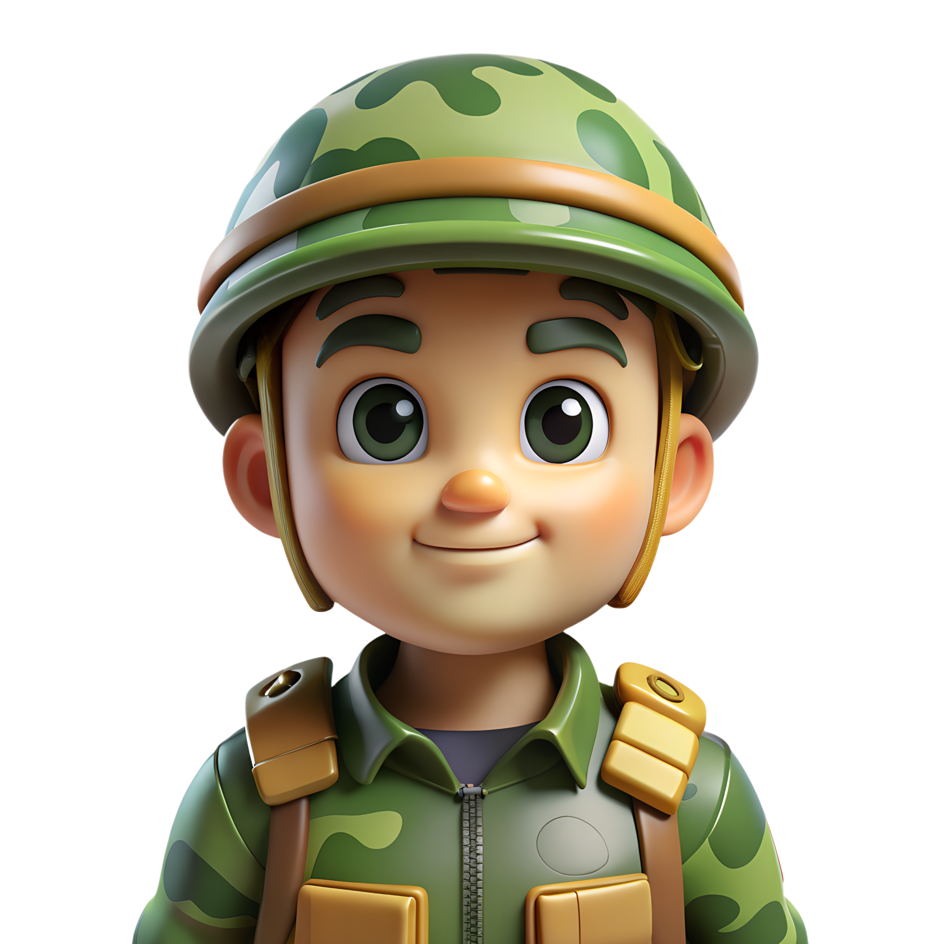 3D rendering of a cartoon soldier in a green uniform and helmet, smiling. Military character in ...