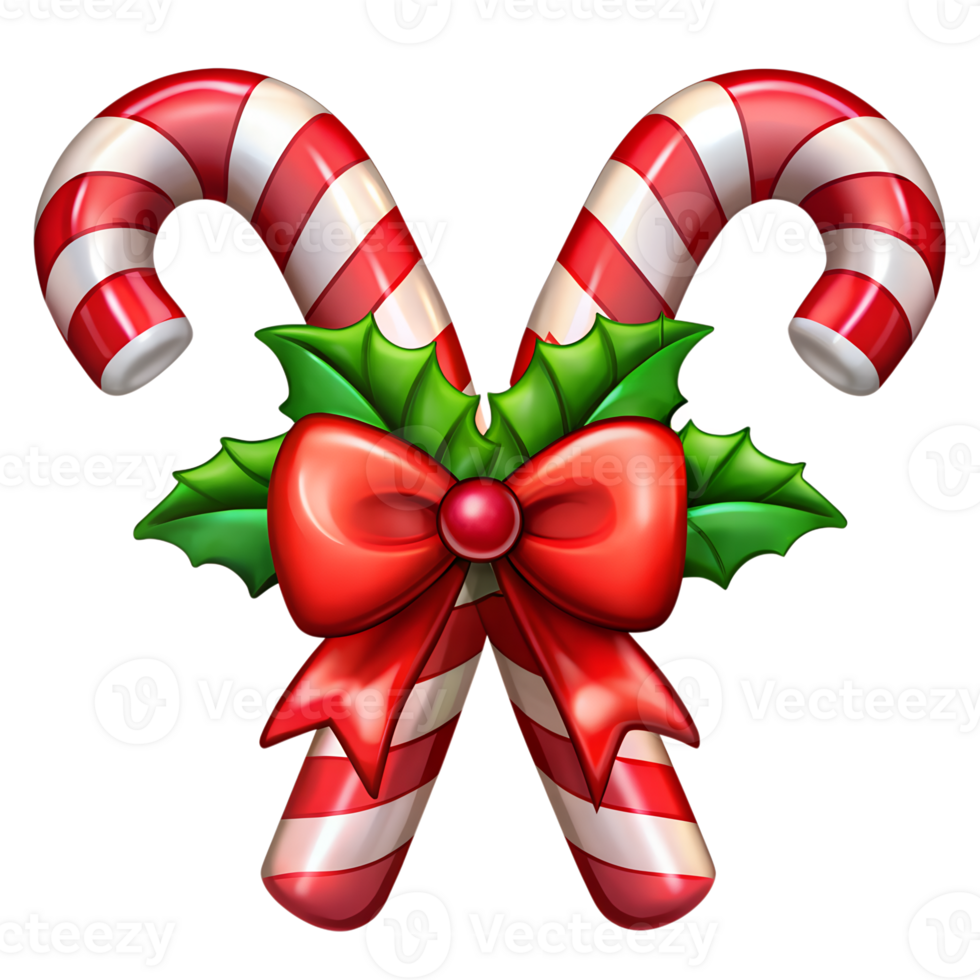 Festive candy canes crossed with a red bow and holly, perfect for Christmas and holiday ...