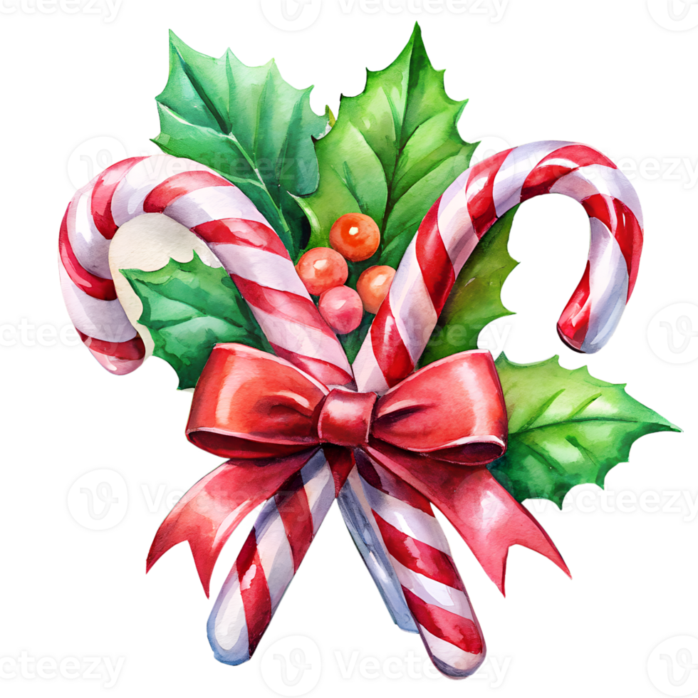 Festive watercolor illustration of candy canes, holly leaves, and berries tied with a red ribbon ...