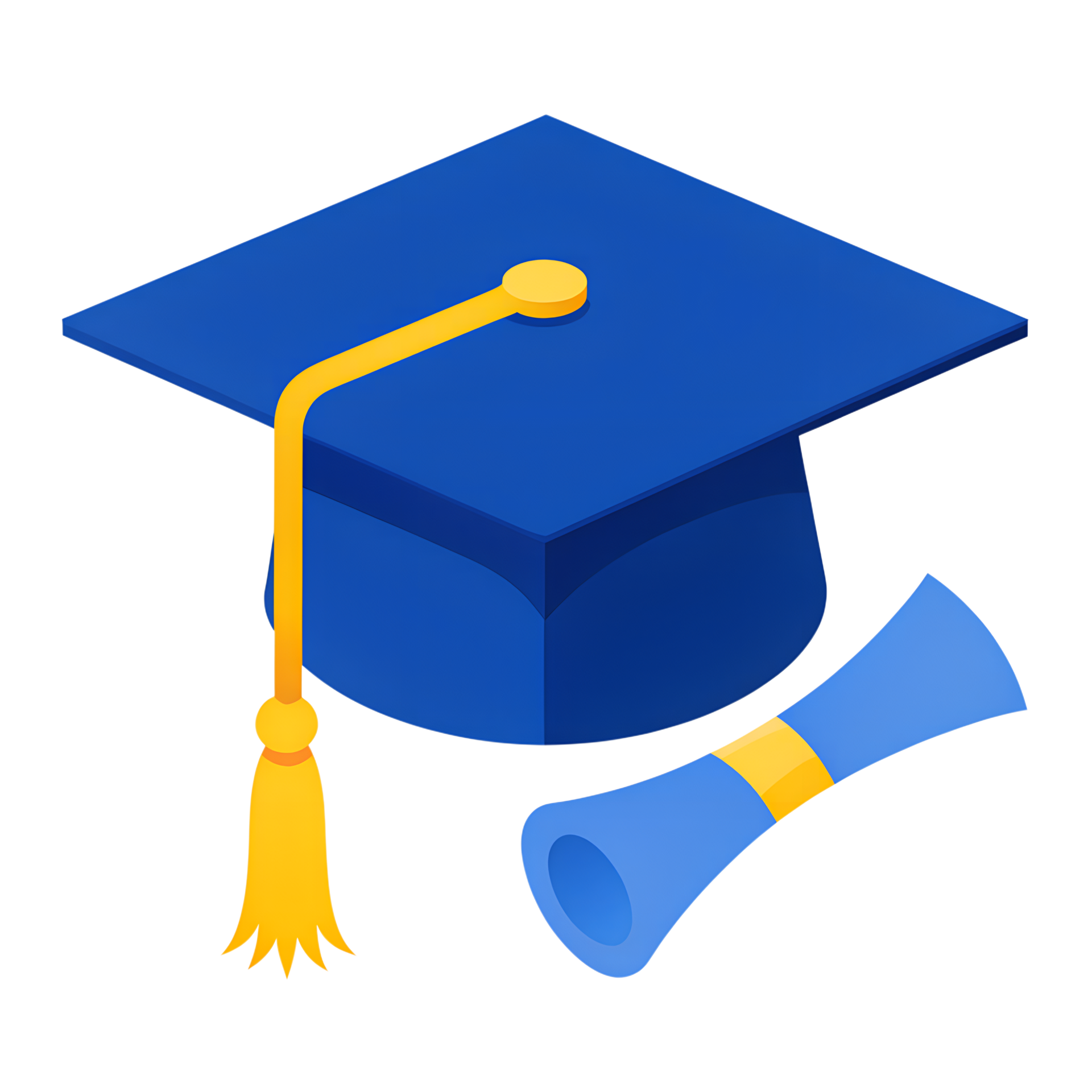 Isometric illustration of a blue graduation cap and diploma, representing academic achievement ...