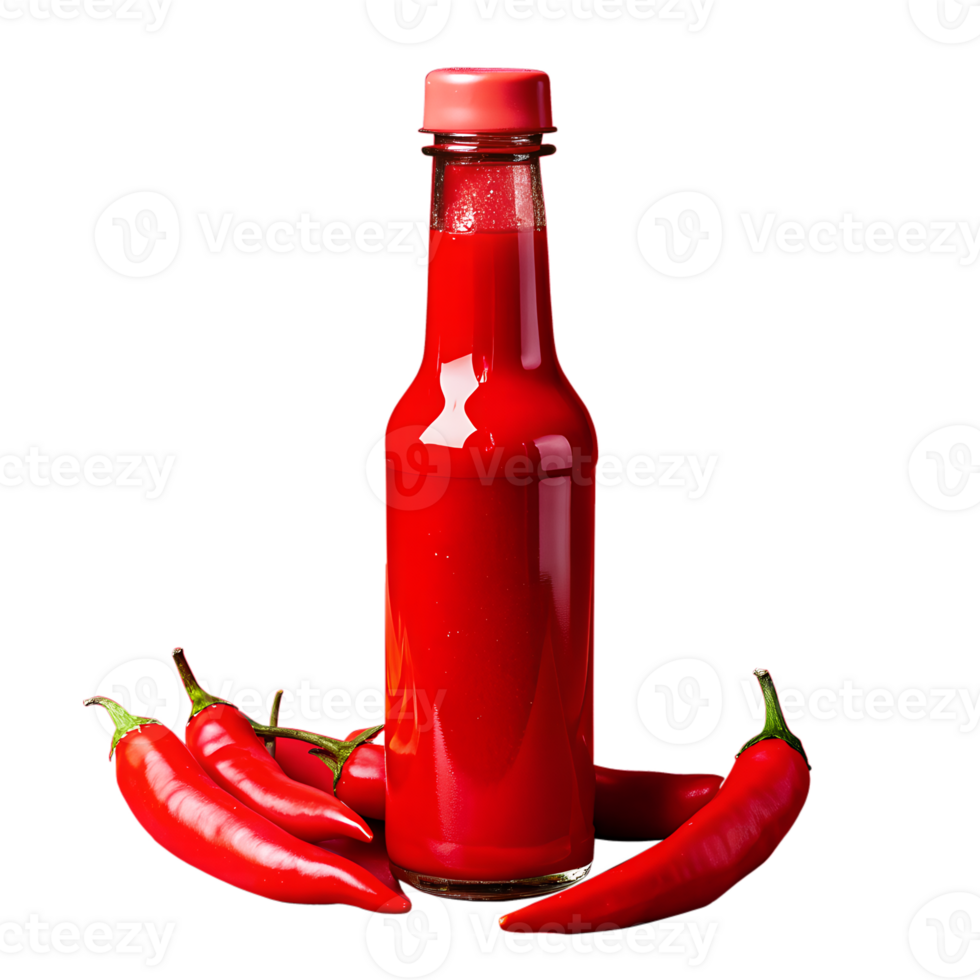 A Vibrant Bottle Of Red Hot Sauce With Fresh Red Chili Peppers Captured On A Clean Background