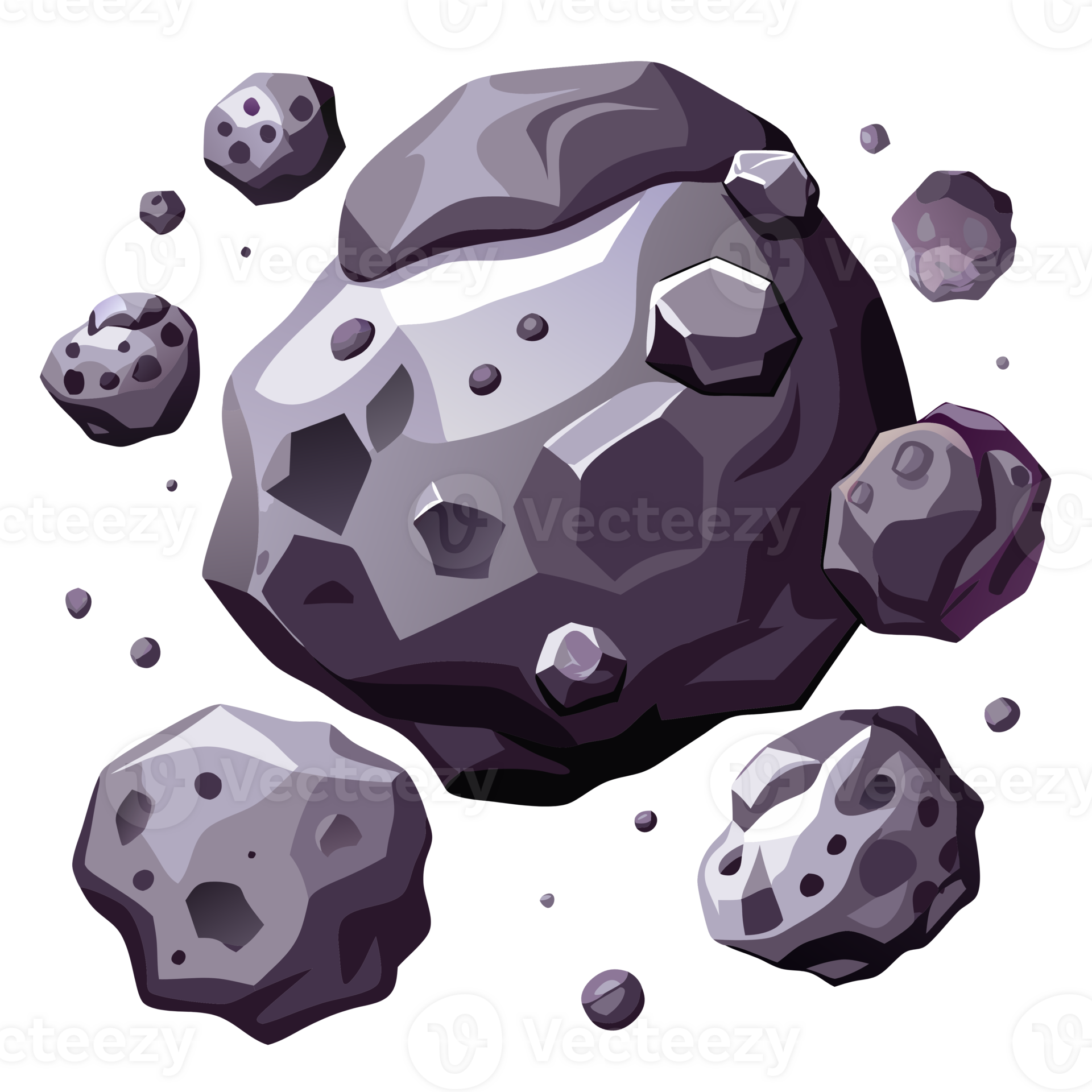 Cartoon illustration of asteroid cluster in space, showcasing various sizes and shapes of space ...