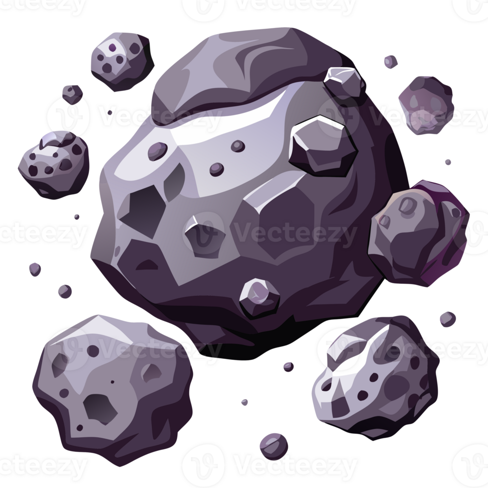 Cartoon illustration of asteroid cluster in space, showcasing various sizes and shapes of space ...