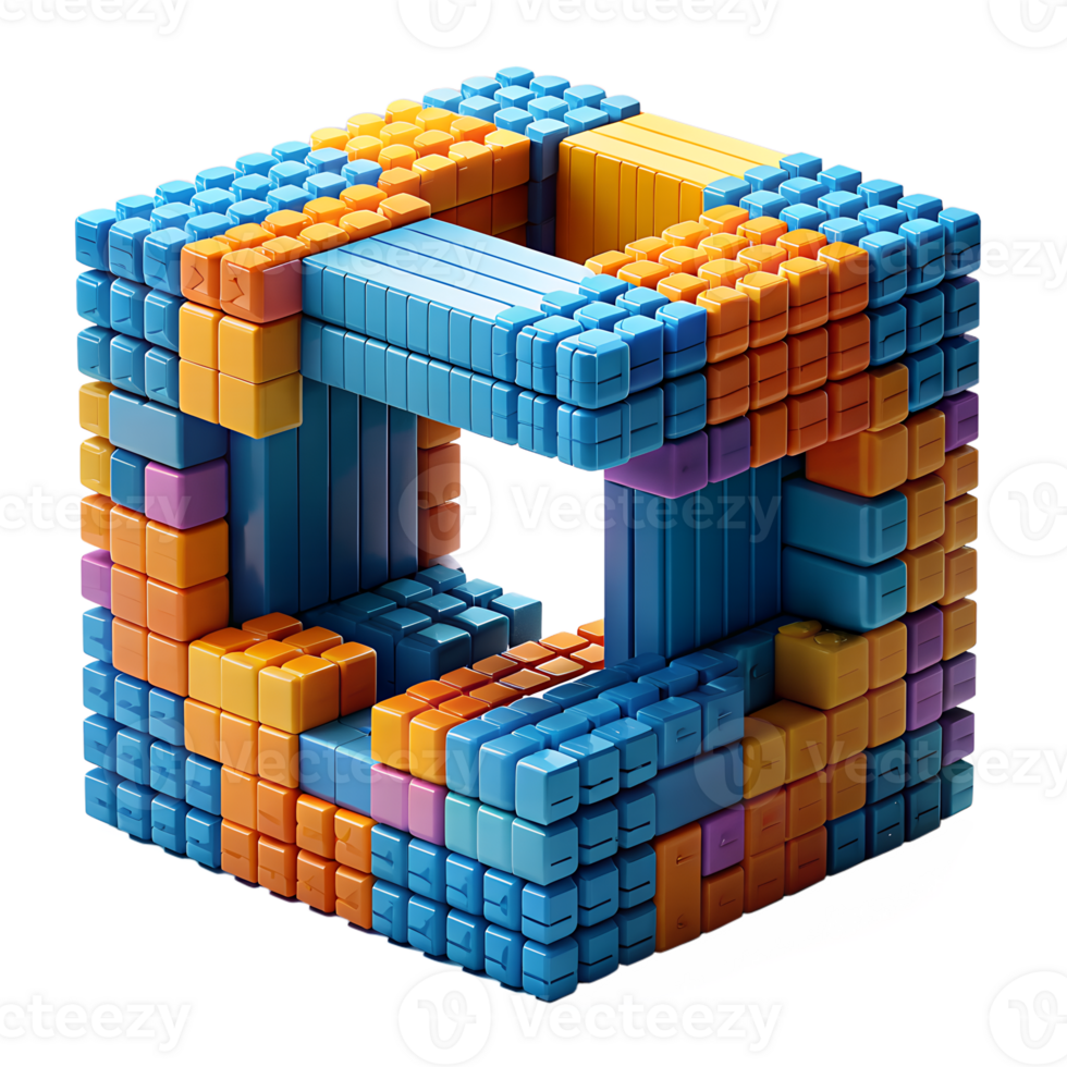 Colorful 3d Geometric Puzzle With Interlocking Blocks In Blue Orange And Purple Creating A
