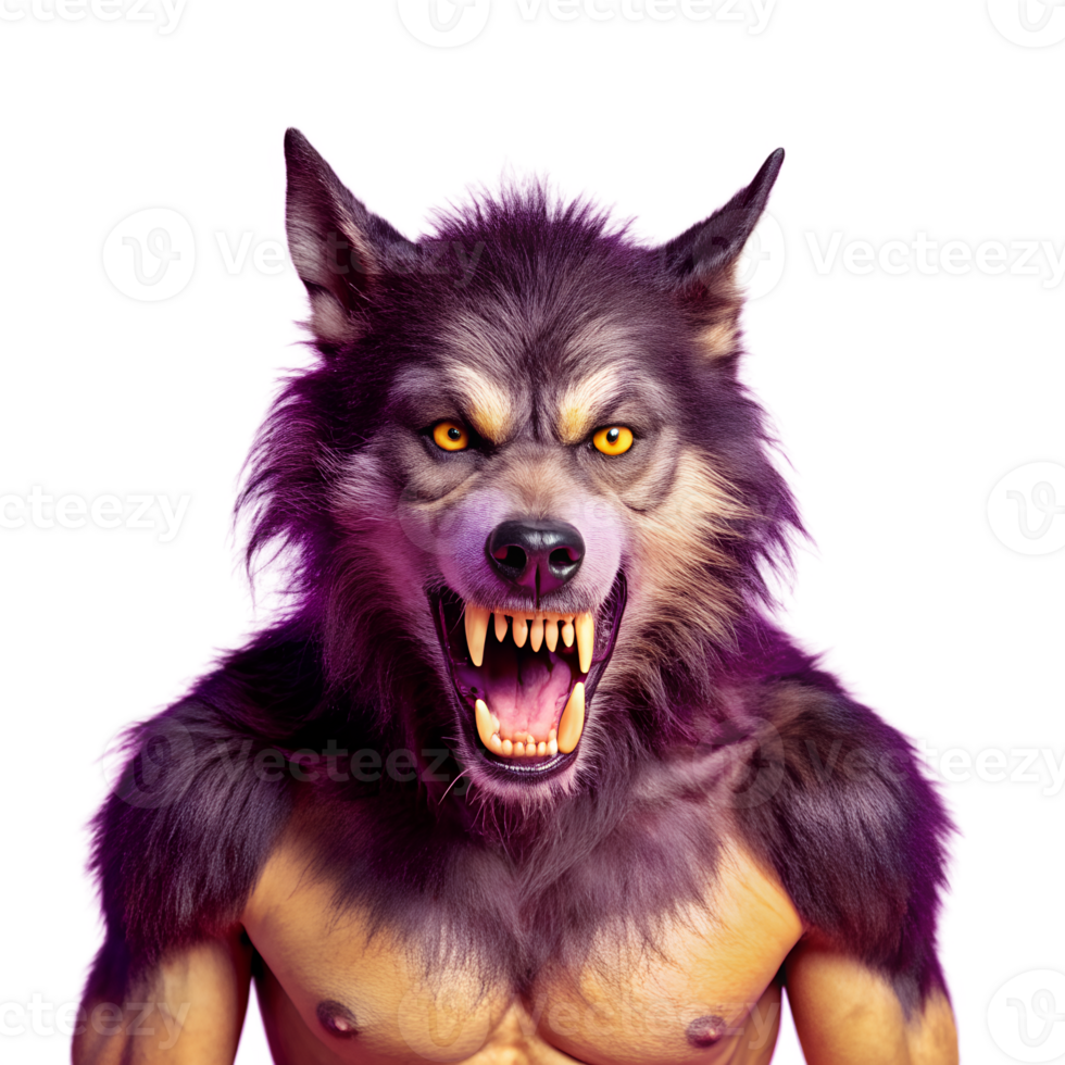 A fierce, snarling werewolf with glowing eyes and sharp fangs, its fur bristling in a menacing ...