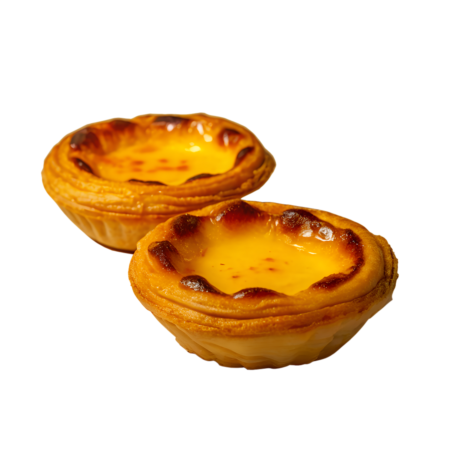 Close Up Of Two Delicious Portuguese Egg Tarts Known As Pasteis De Nata Showcasing Their Golden