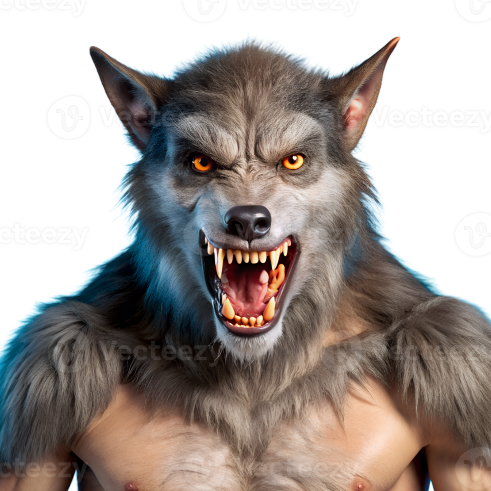 Fierce werewolf snarling with sharp fangs and glowing eyes, showcasing a mythical creature in a ...