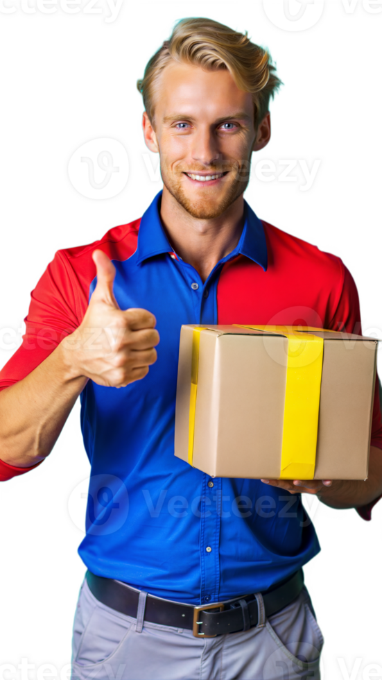 Smiling Delivery Man Holding Package And Giving Thumbs Up 47832443 Png