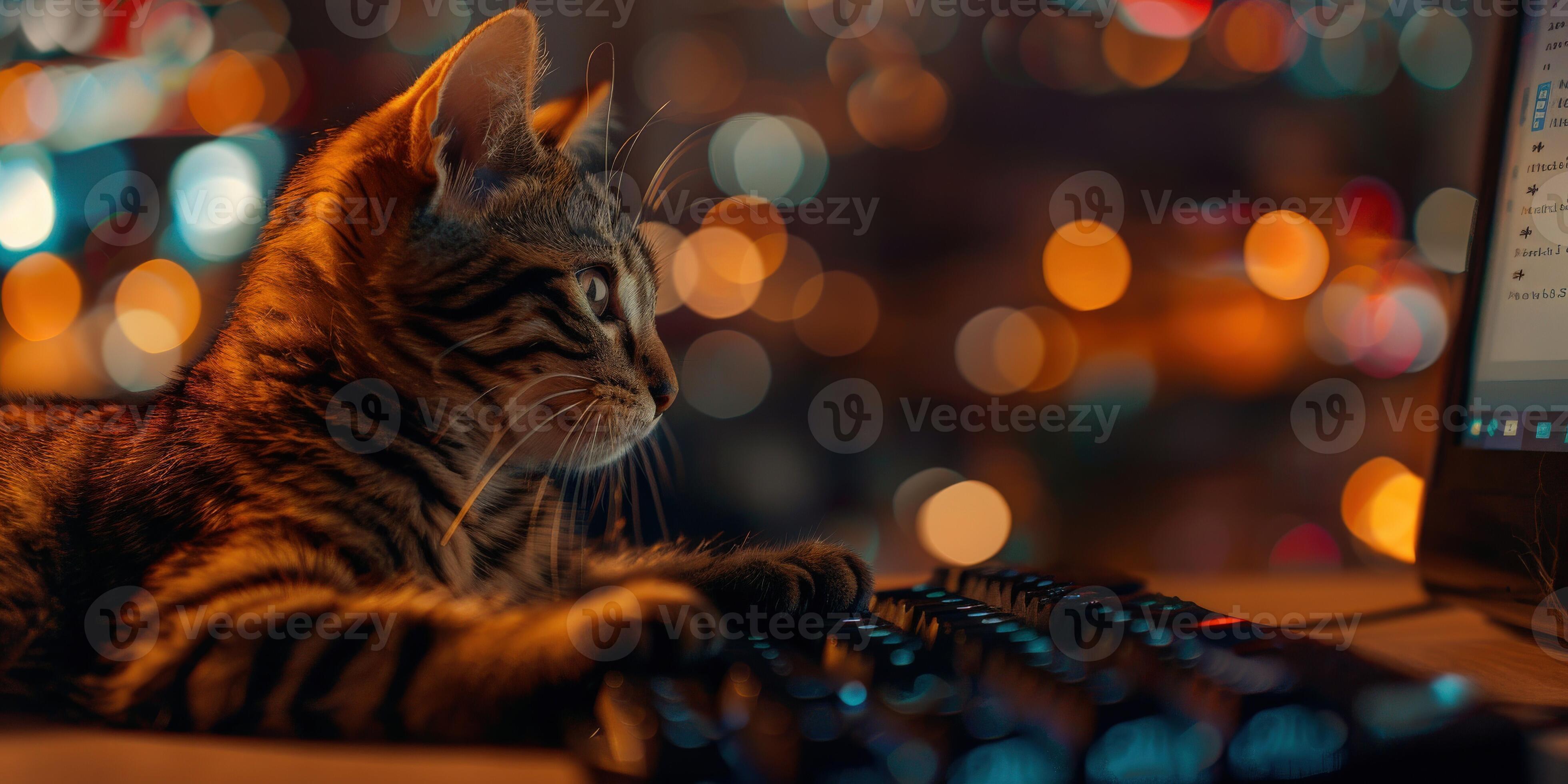 Cat Using Computer at Night 47838757 Stock Photo at Vecteezy