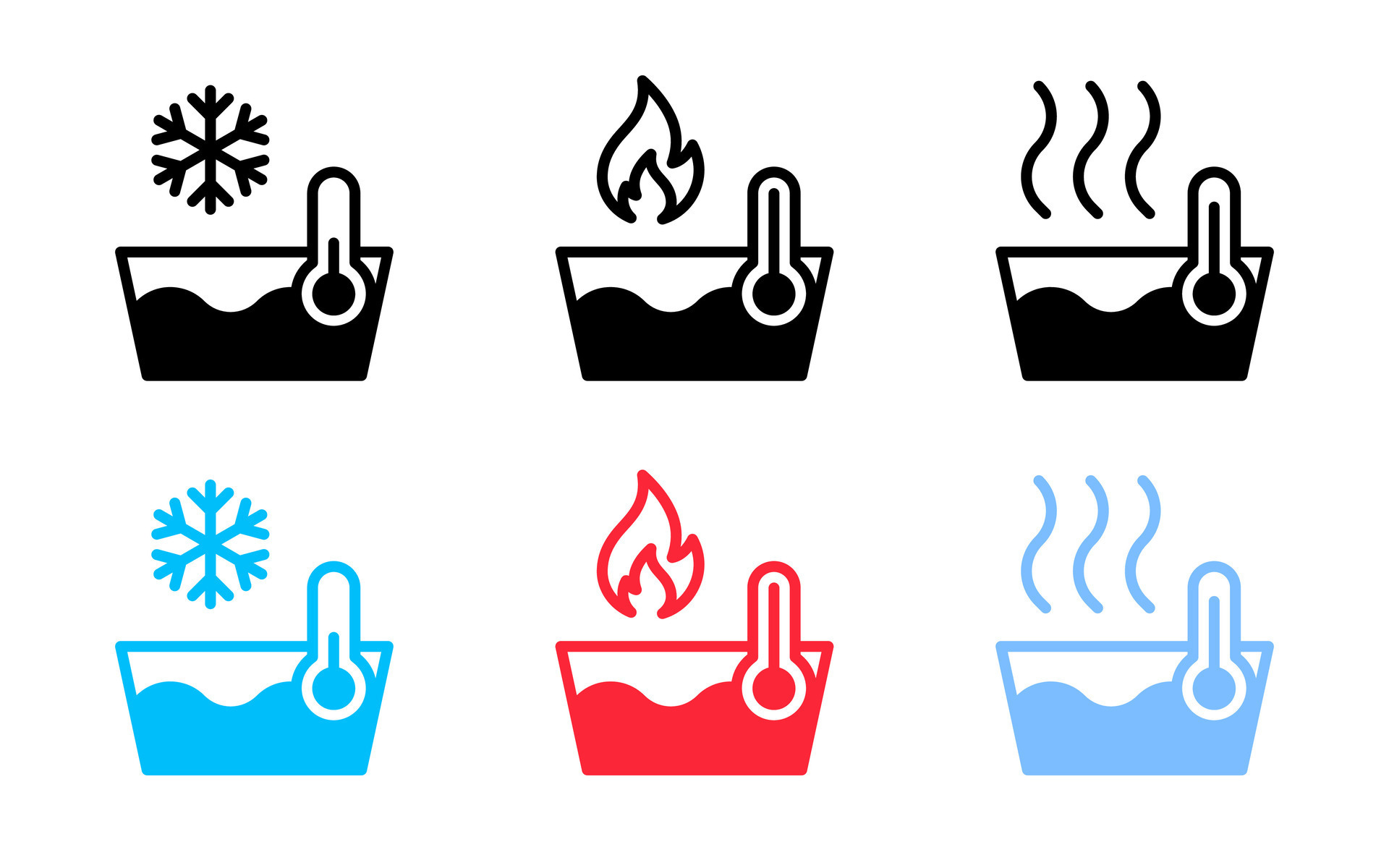 Hot and cold water icon set. Still and boiled water symbol. Bath temperature indicator. Snow ...