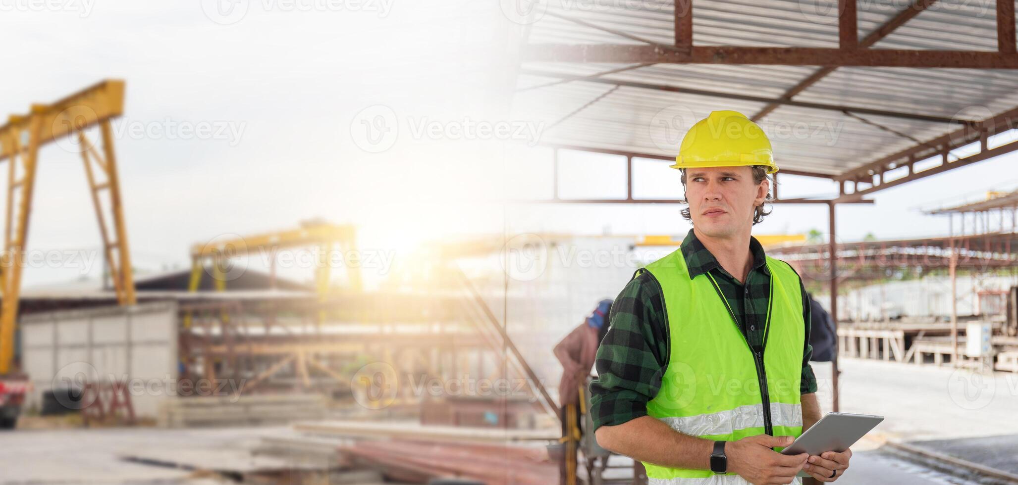Engineer Man In Hardhats With Tablet On Construction Site Foreman Checking Project At The