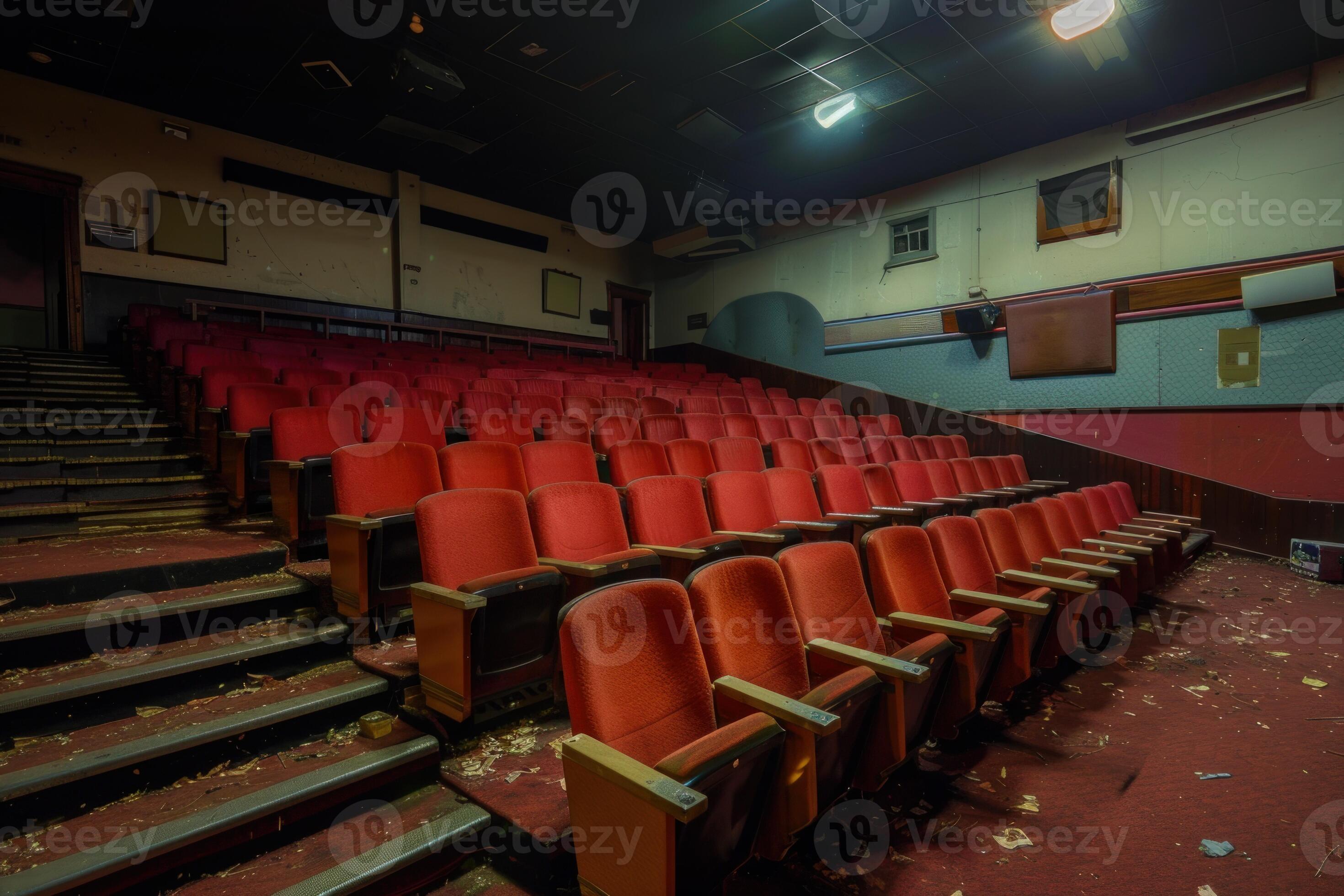 Abandoned movie theater interior with rows of old seats 47900136 Stock Photo at Vecteezy
