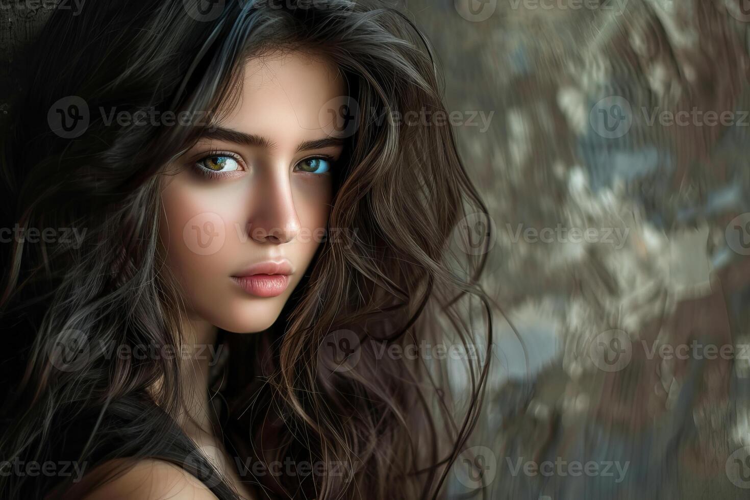 Beautiful teen girl with long brown hair posing in front of grunge wall ...