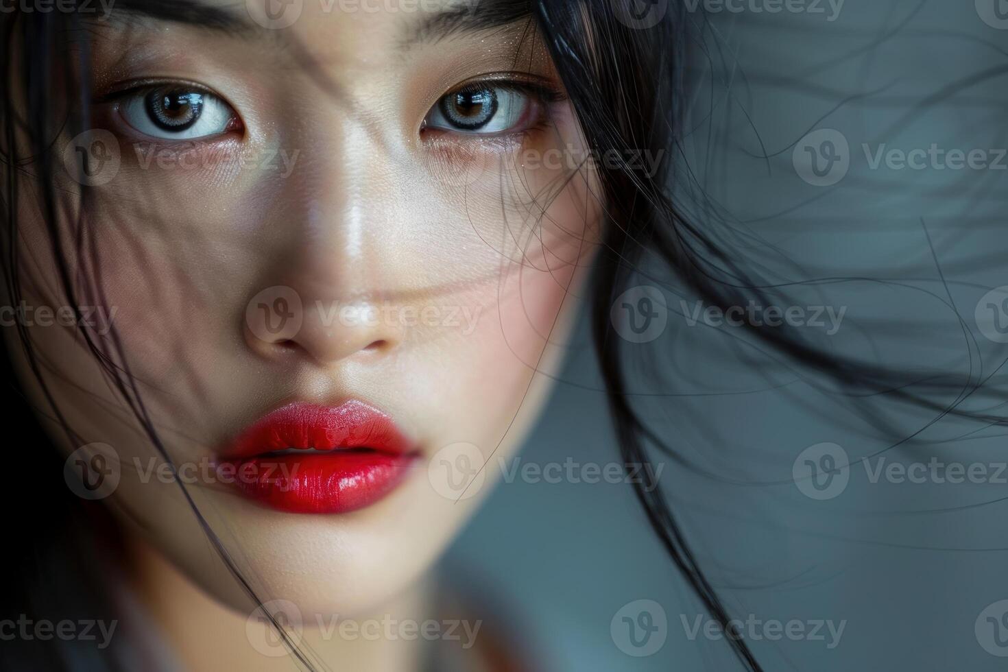 Beautiful Asian Woman Posing With Windswept Hair And Red Lipstick