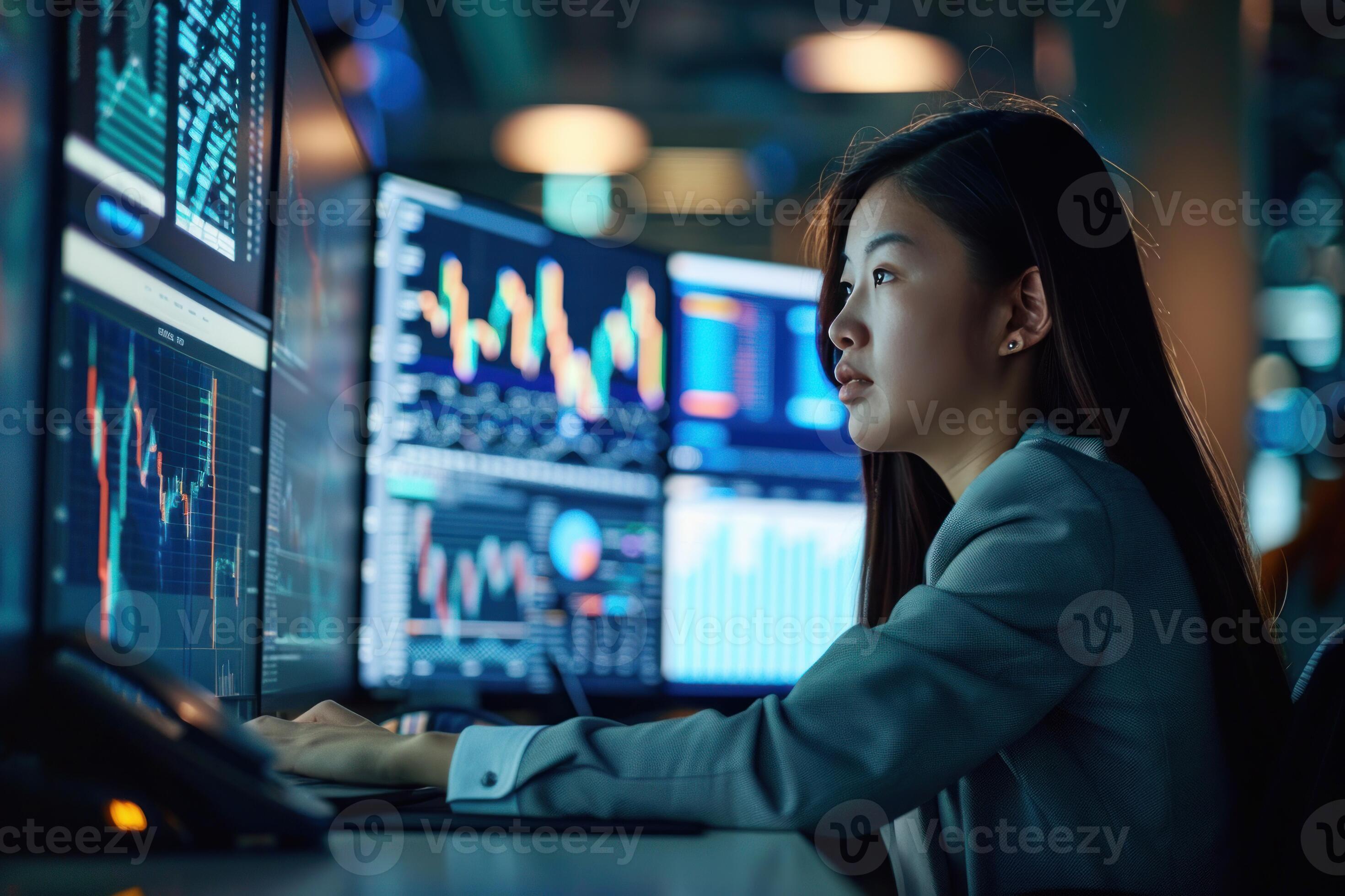 Focused Financial Analyst Monitoring Stock Market Trends On Multiple